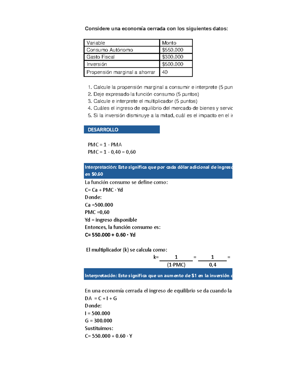 Solemne 1 Macroeconomia - Variable Monto Consumo Autónomo $550. Gasto ...