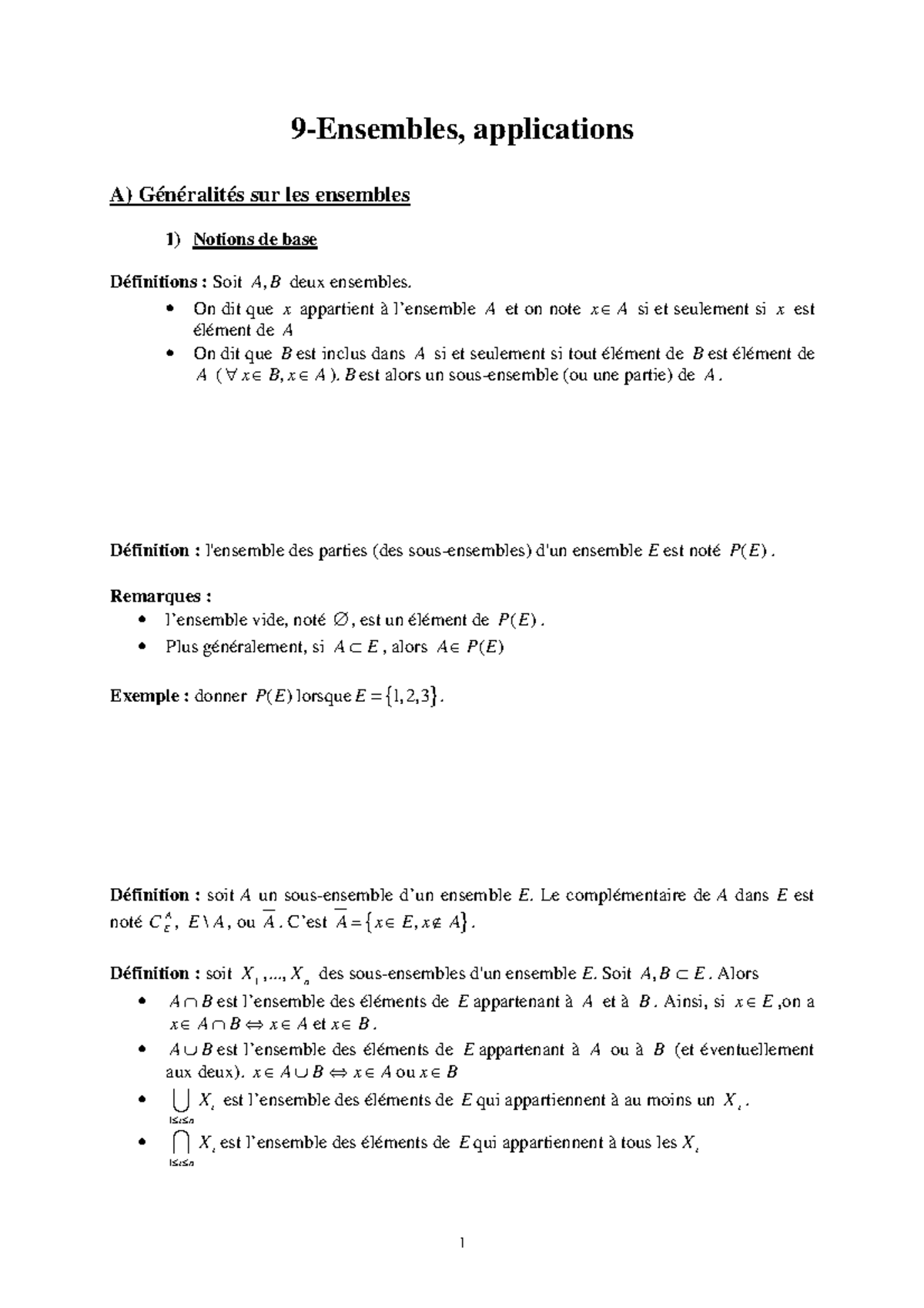 9. Ensembles,dénombrement - 9-Ensembles, applications A) Généralités ...