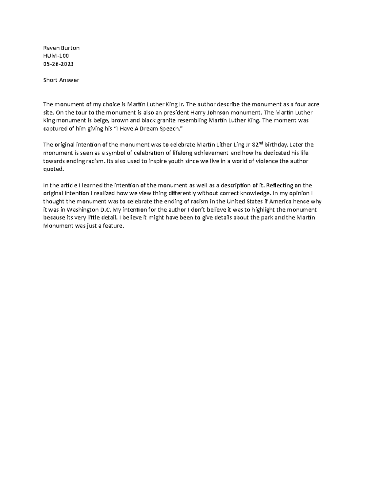 Short answer module 3 - Raven Burton HUM- 05-26- Short Answer The ...