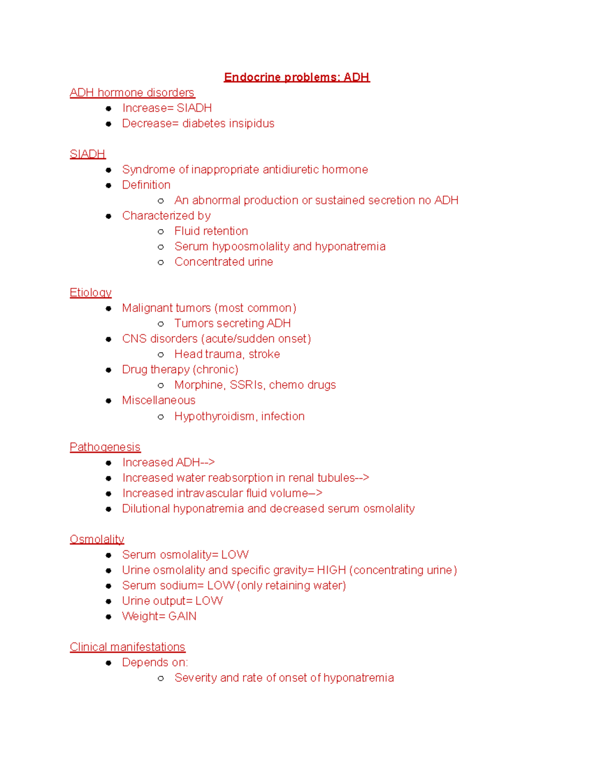 Neuro sadh problems - SIADH and DI notes - Endocrine problems: ADH ADH ...