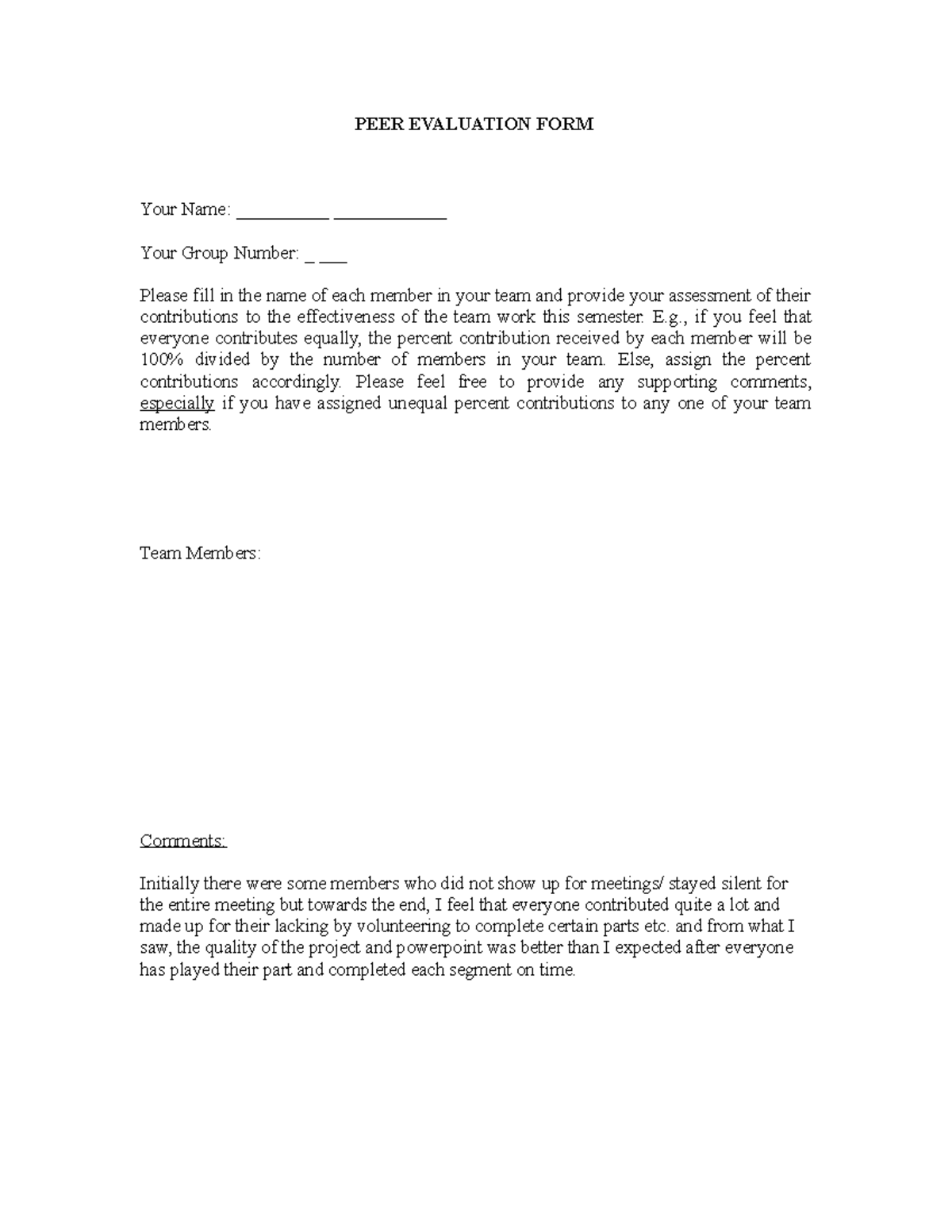 Peer Evaluation Form-3 - PEER EVALUATION FORM Your Name ...