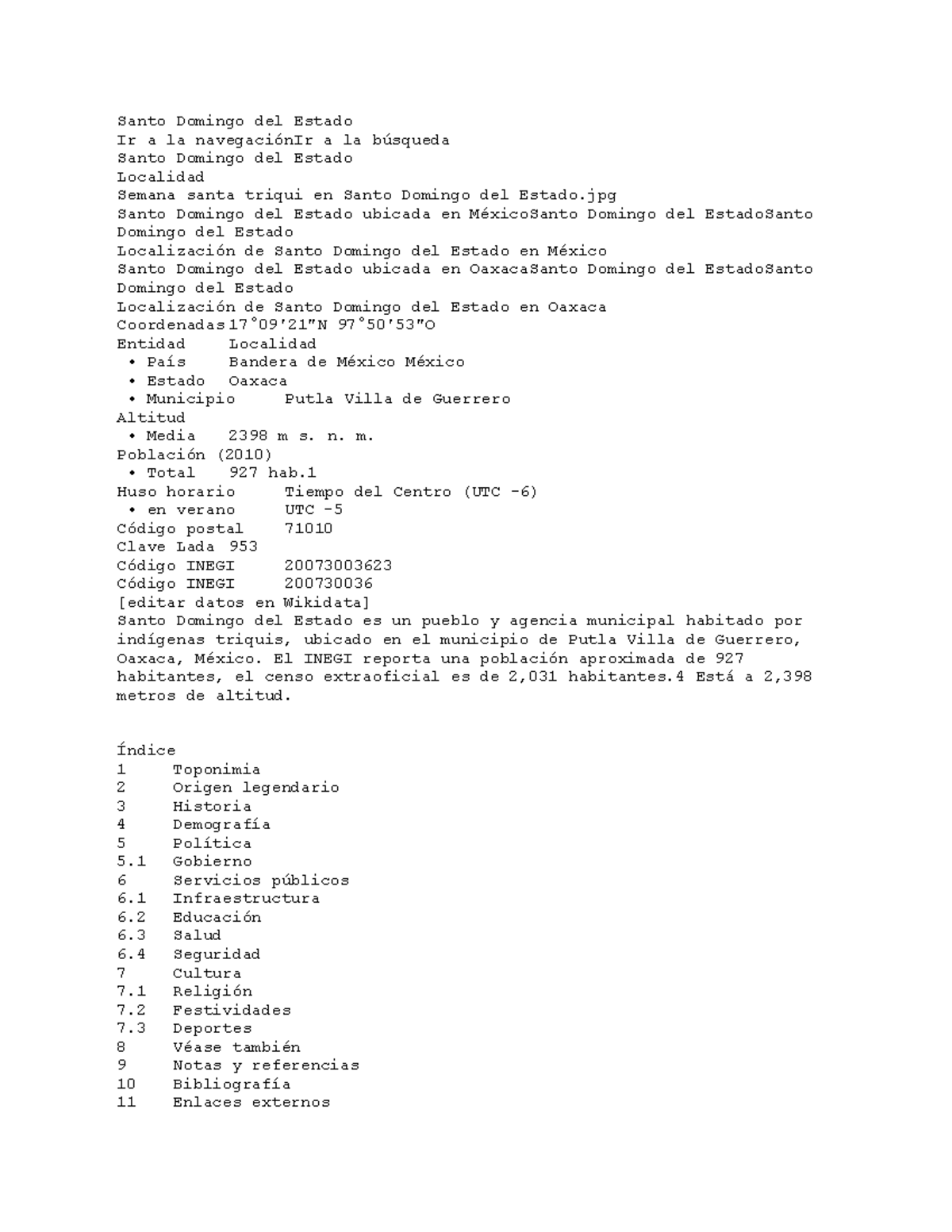 Santo Domingo del Estado - n. m. Población (2010) - Total 927 hab. Huso horario Tiempo del ...