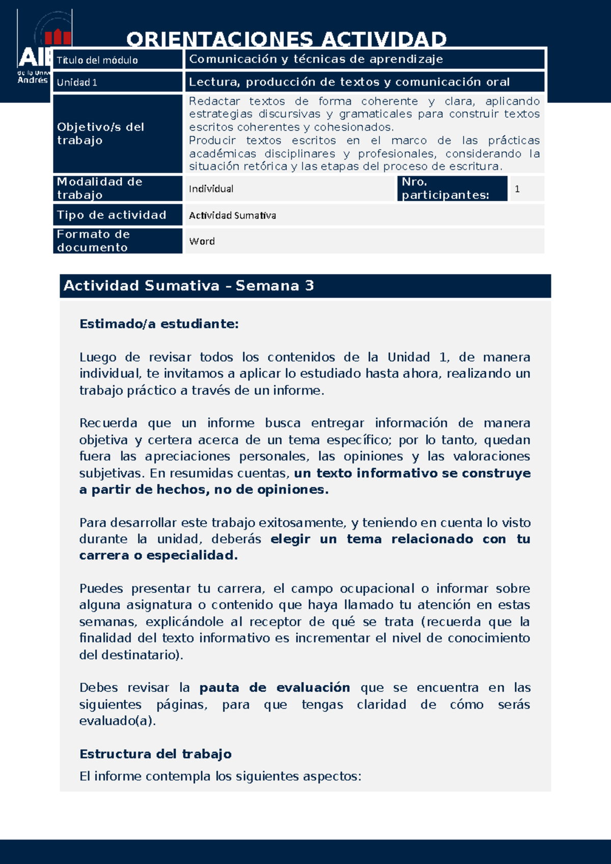 CTA101 Orientaciones Actividad Semana 3 2023 - Y PAUTA DE EVALUACIÓN Actividad Sumativa – Semana ...