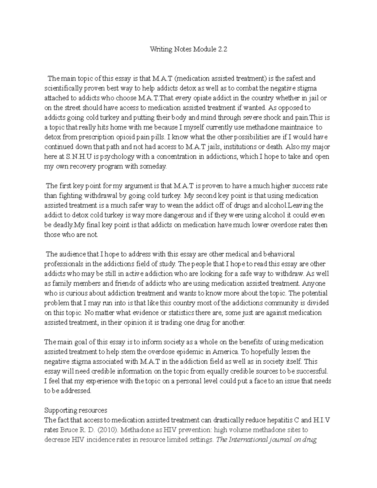 Writing plan 2 For Final Essay Addiction Treatment - Writing Notes ...