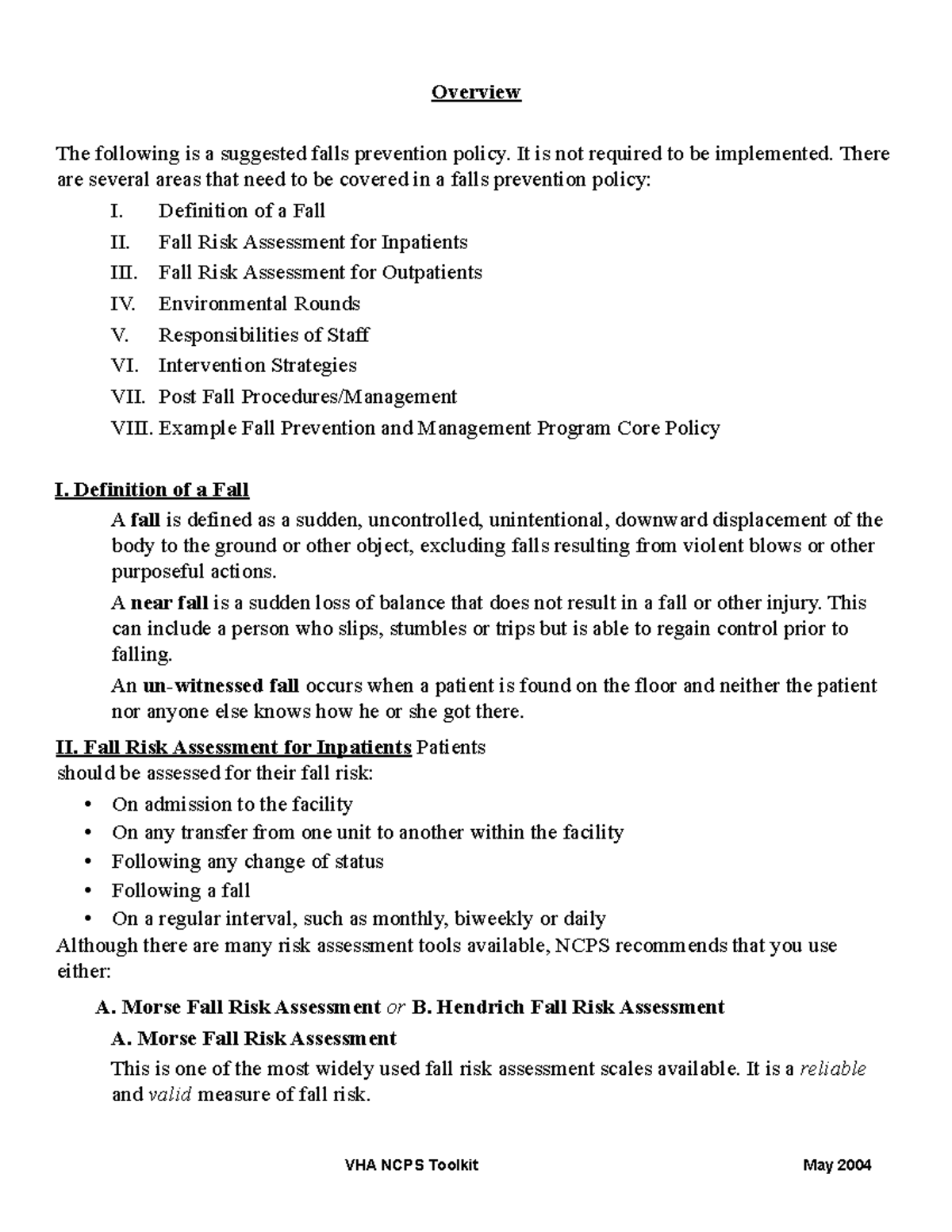NCPS Assessment Information - Overview The following is a suggested falls prevention policy. It ...