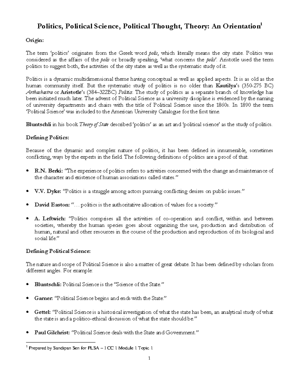 SS 01 CC 1 Module 1 Topic 1 - Politics, Political Science, Political ...