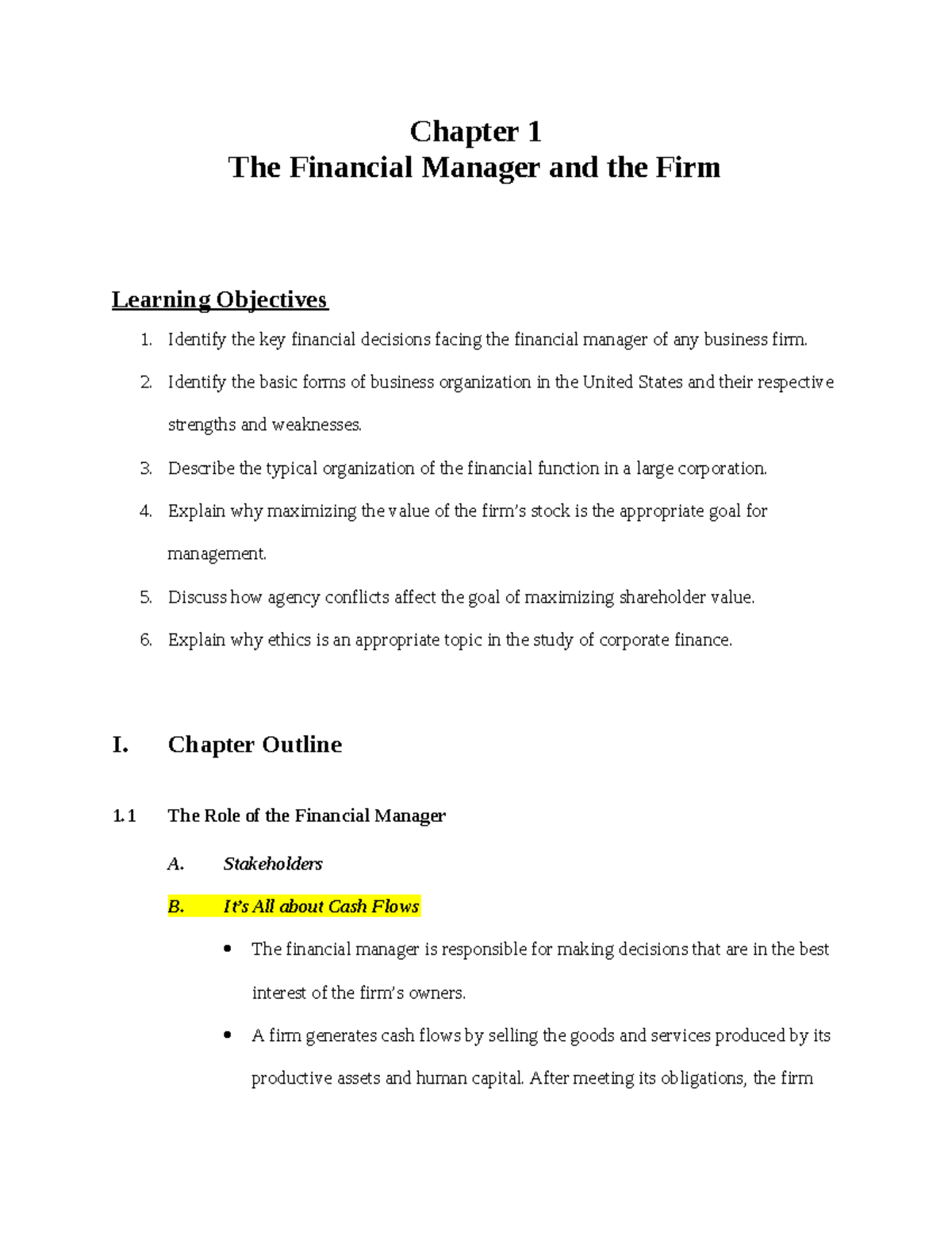 Fundamentals of Finance NOTES CHAPTER1 - Chapter 1 The Financial ...