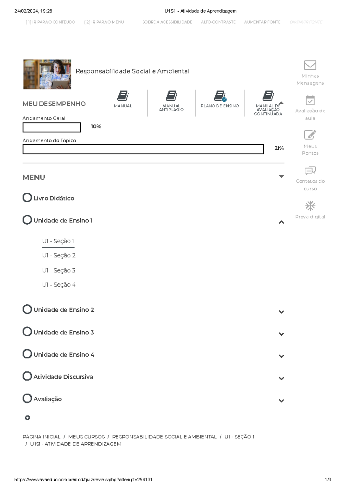 U1S1 - Atividade de Aprendizagem - Responsabilidade Social e Ambiental - 24/02/2024, 19:28 U1S1 ...