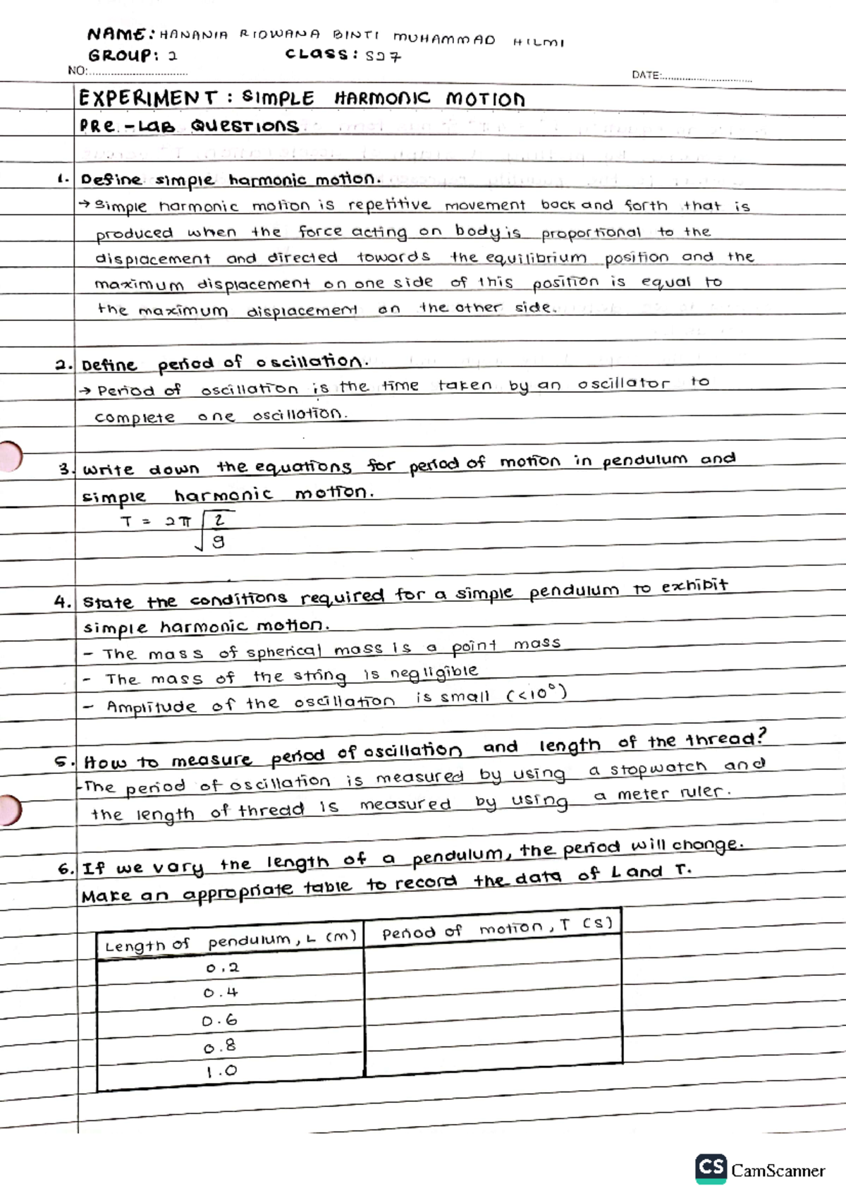 Pre Lab Questions Experiment Simple Harmonic Motion Hanania Ridwana - Communication speaking ...