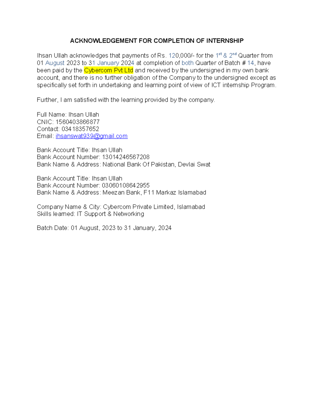Acknowledgement FOR Completion OF Internship - Ihsan Ullah acknowledges ...