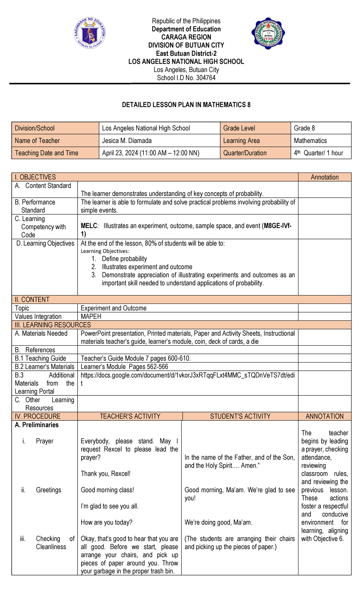Experiment and Outcome - Republic of the Philippines Department of ...