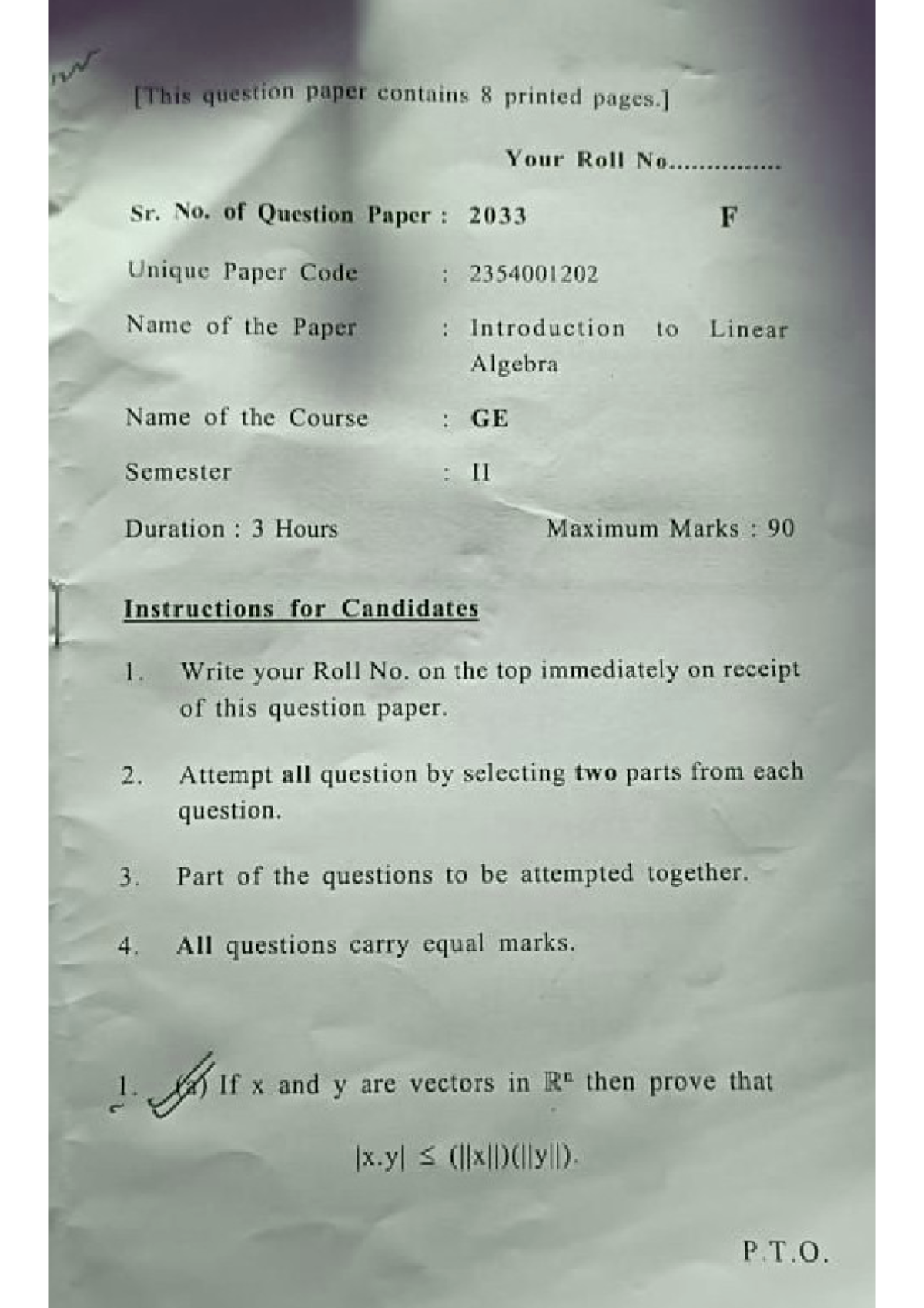 Linear Algebra 2023 PYQ - Studocu