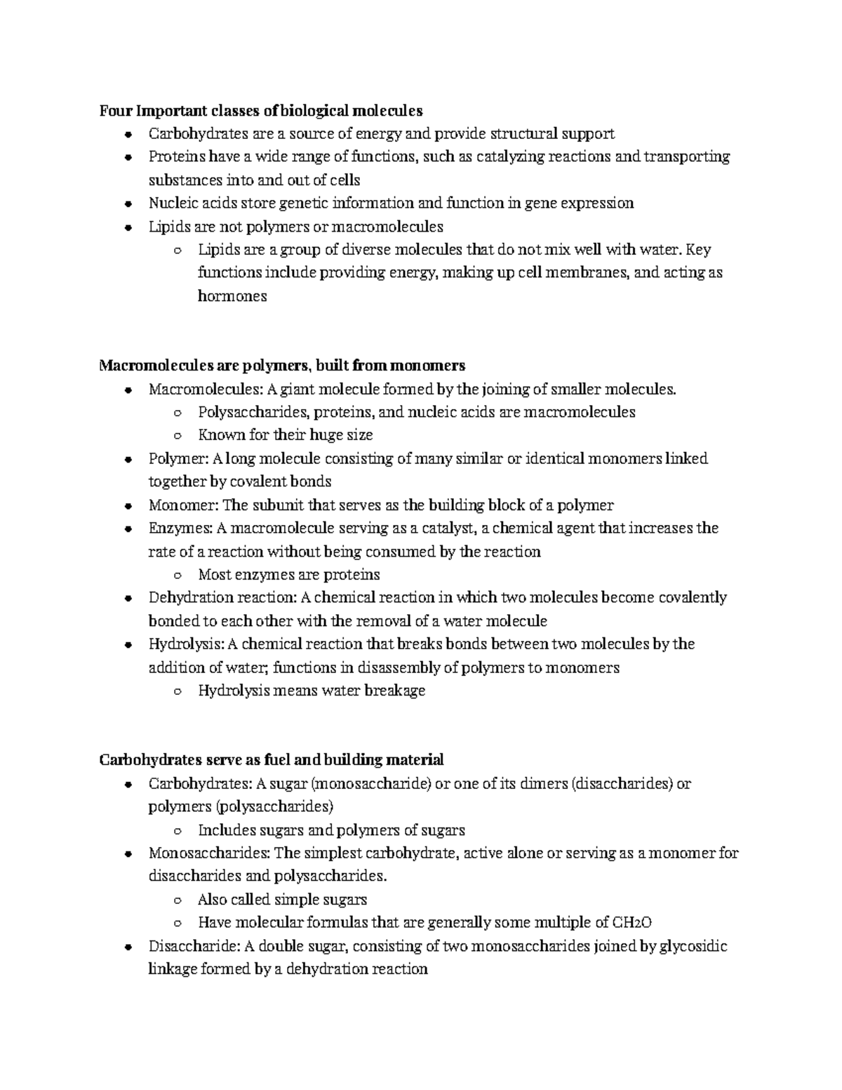CH5 Biology - chapter 5 textbook notes - Four Important classes of ...