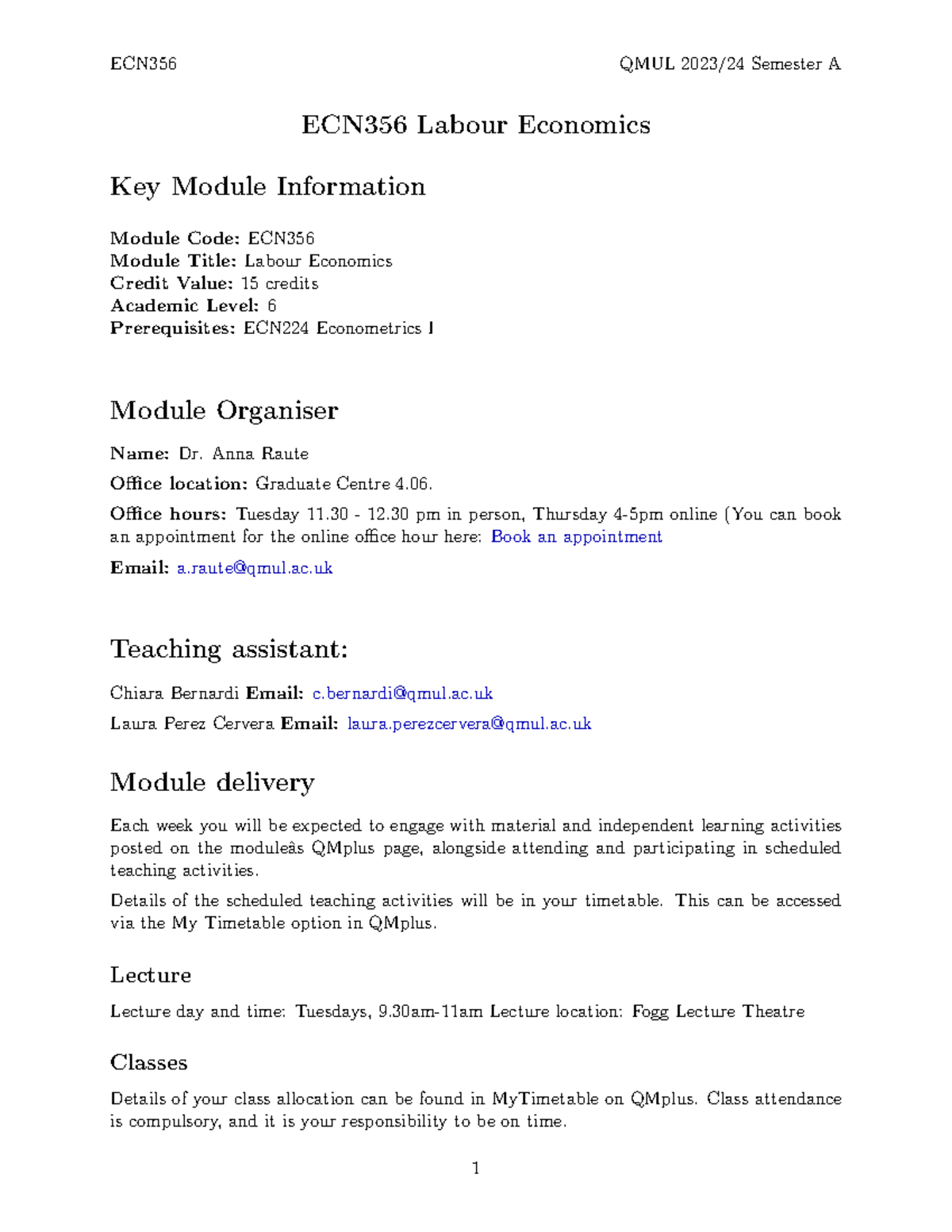 ECN356 Syllabus 202324 new - ECN356 Labour Economics Key Module ...