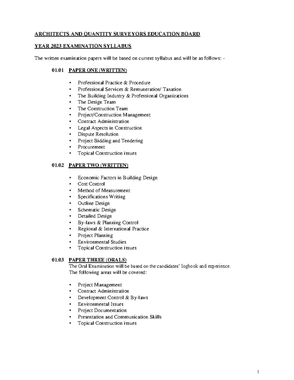 Exam-Syllabus-2023 - ARCHITECTS AND QUANTITY SURVEYORS EDUCATION BOARD ...