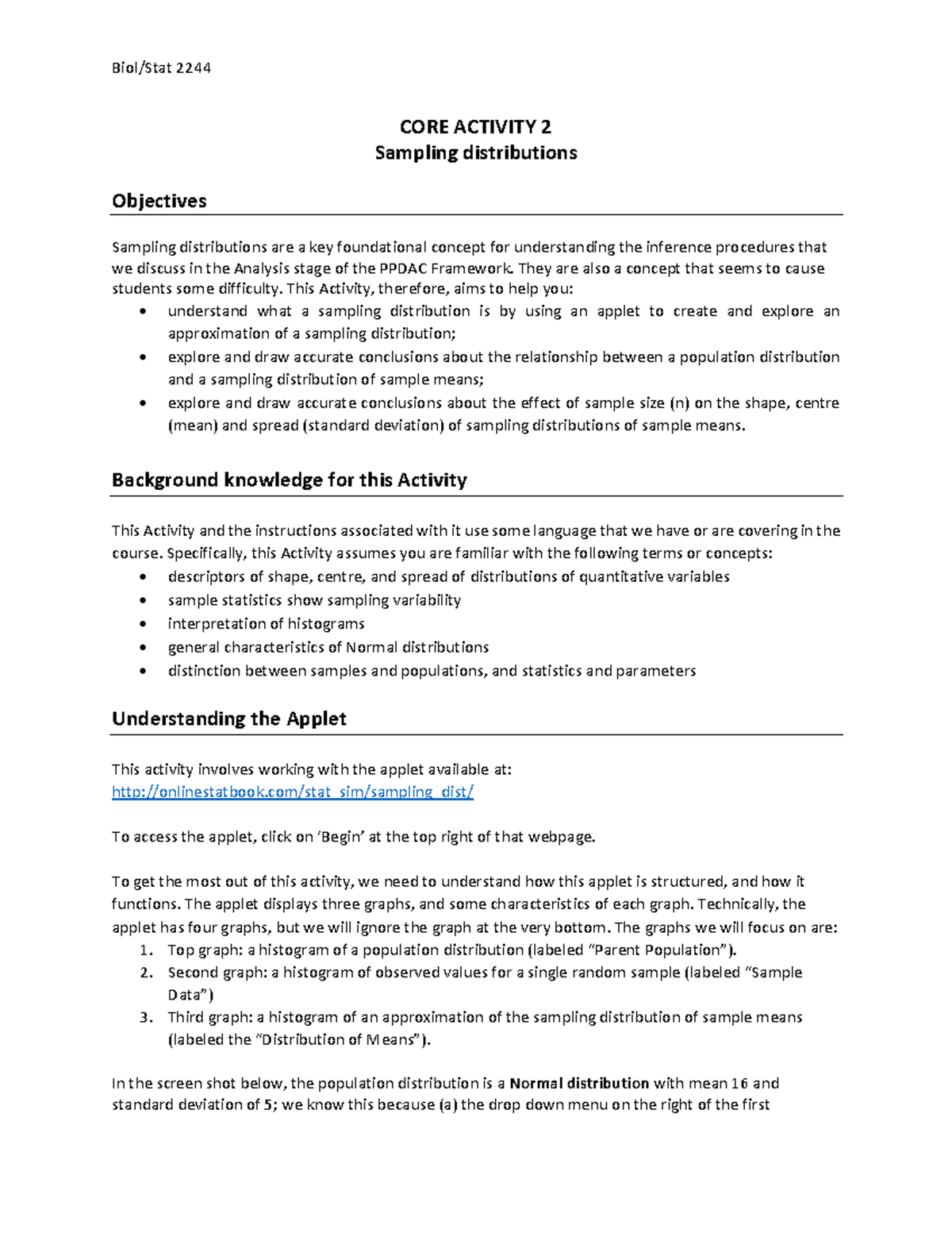 Activity - CORE 2 - Sampling distributions - CORE ACTIVITY 2 Sampling distributions Objectives ...