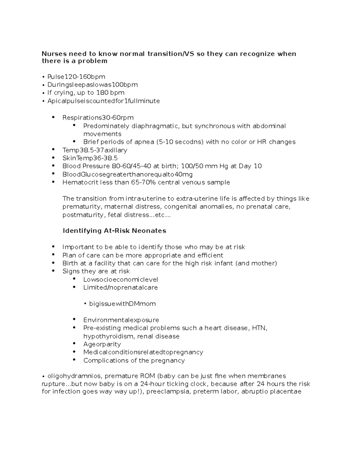 High risk neonate - jag - Nurses need to know normal transition/VS so ...