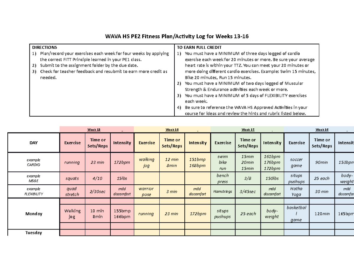 PE2 Fitness Plan Weeks 13-16 - WAVA HS PE2 Fitness Plan/Activity Log ...