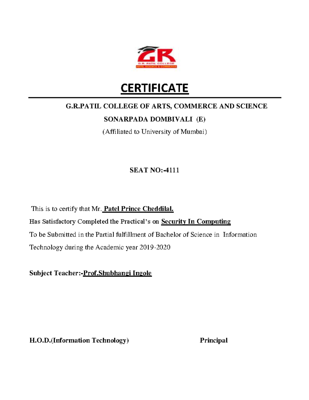 SIC Practical - CERTIFICATE G.R COLLEGE OF ARTS, COMMERCE AND SCIENCE ...