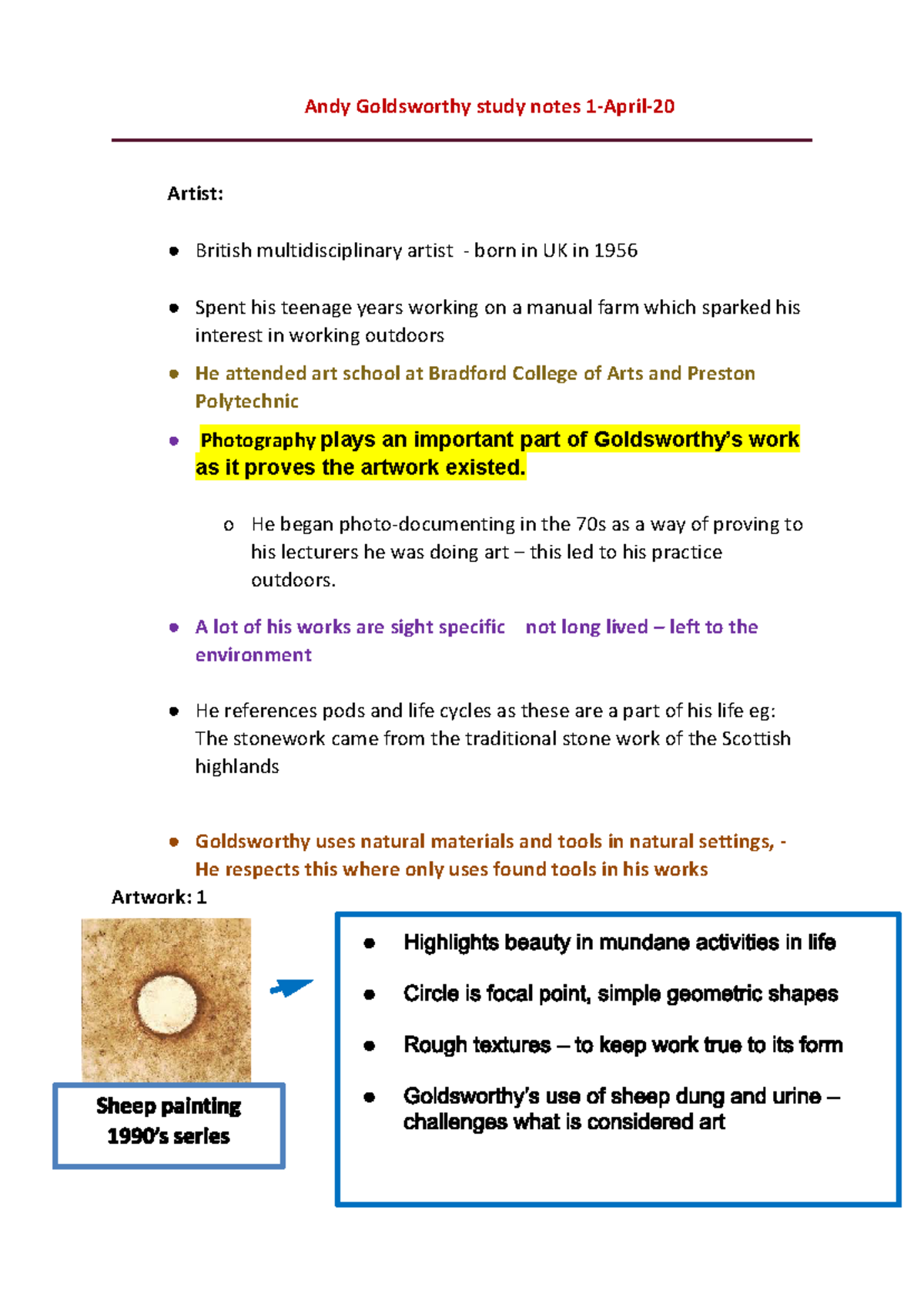 Andy Goldsworthy Study Notes - art - Andy Goldsworthy study notes 1 ...