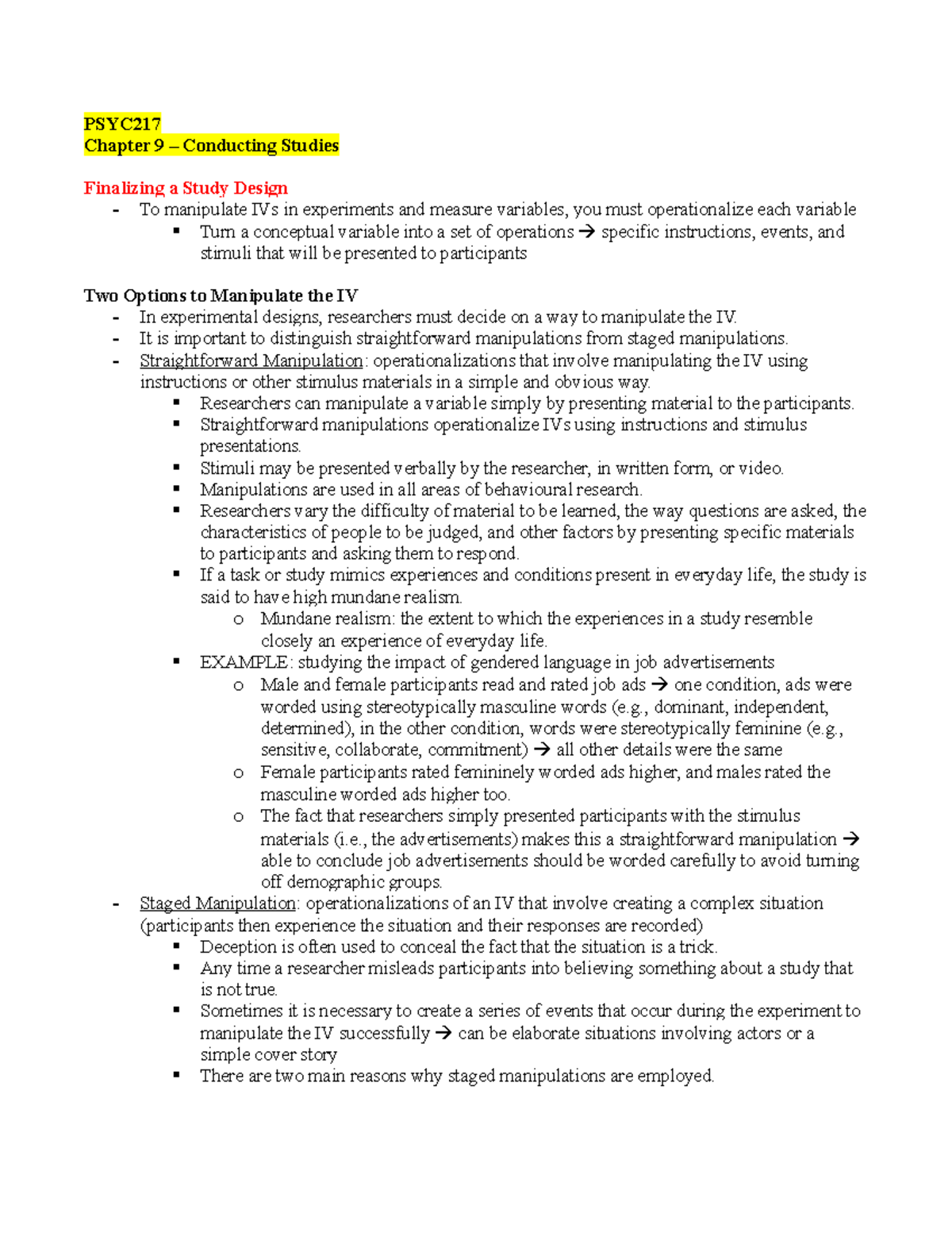 Chapter 9 - Conducting Studies - PSYC Chapter 9 – Conducting Studies ...