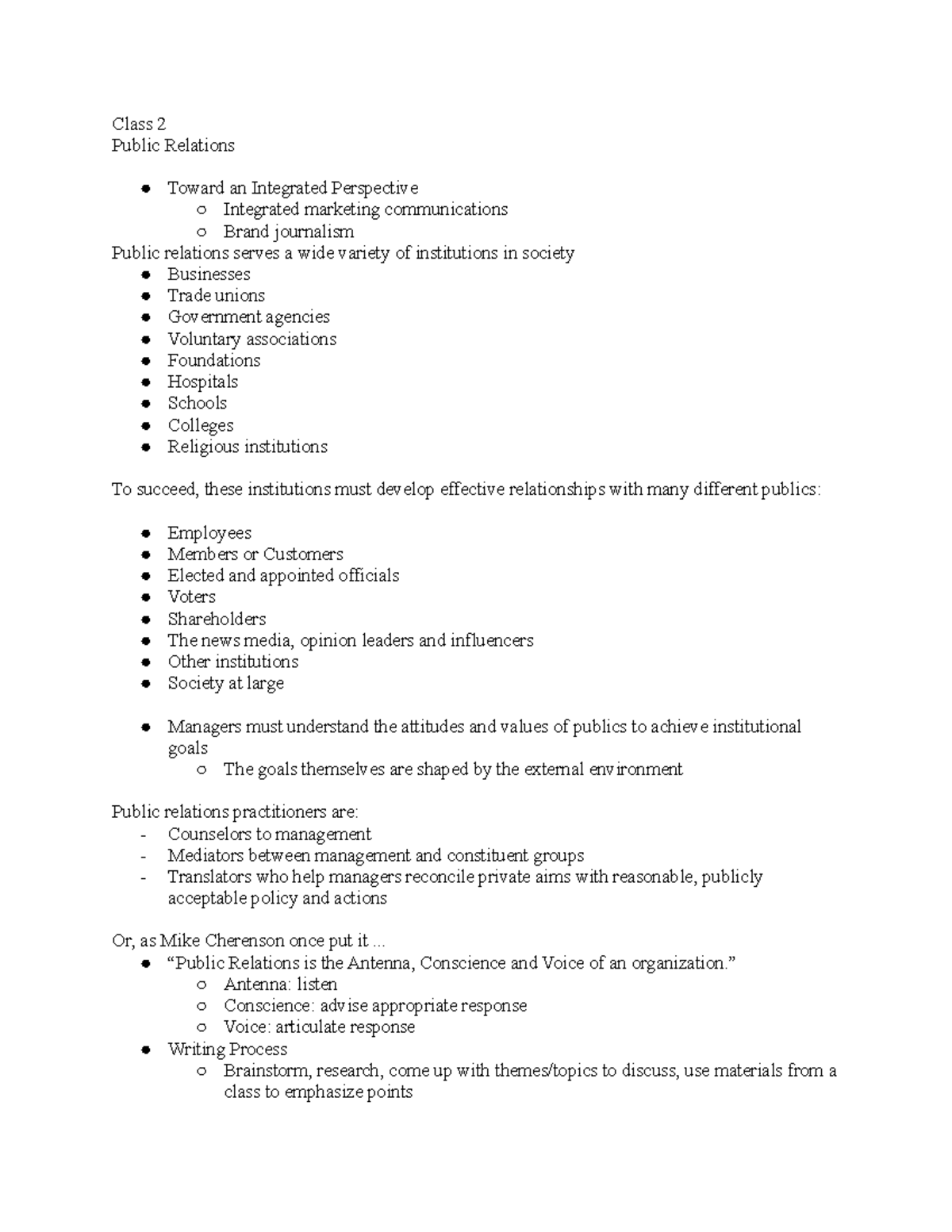 PR ADV Class 2 - LECTURE NOTES - Class 2 Public Relations Toward an ...