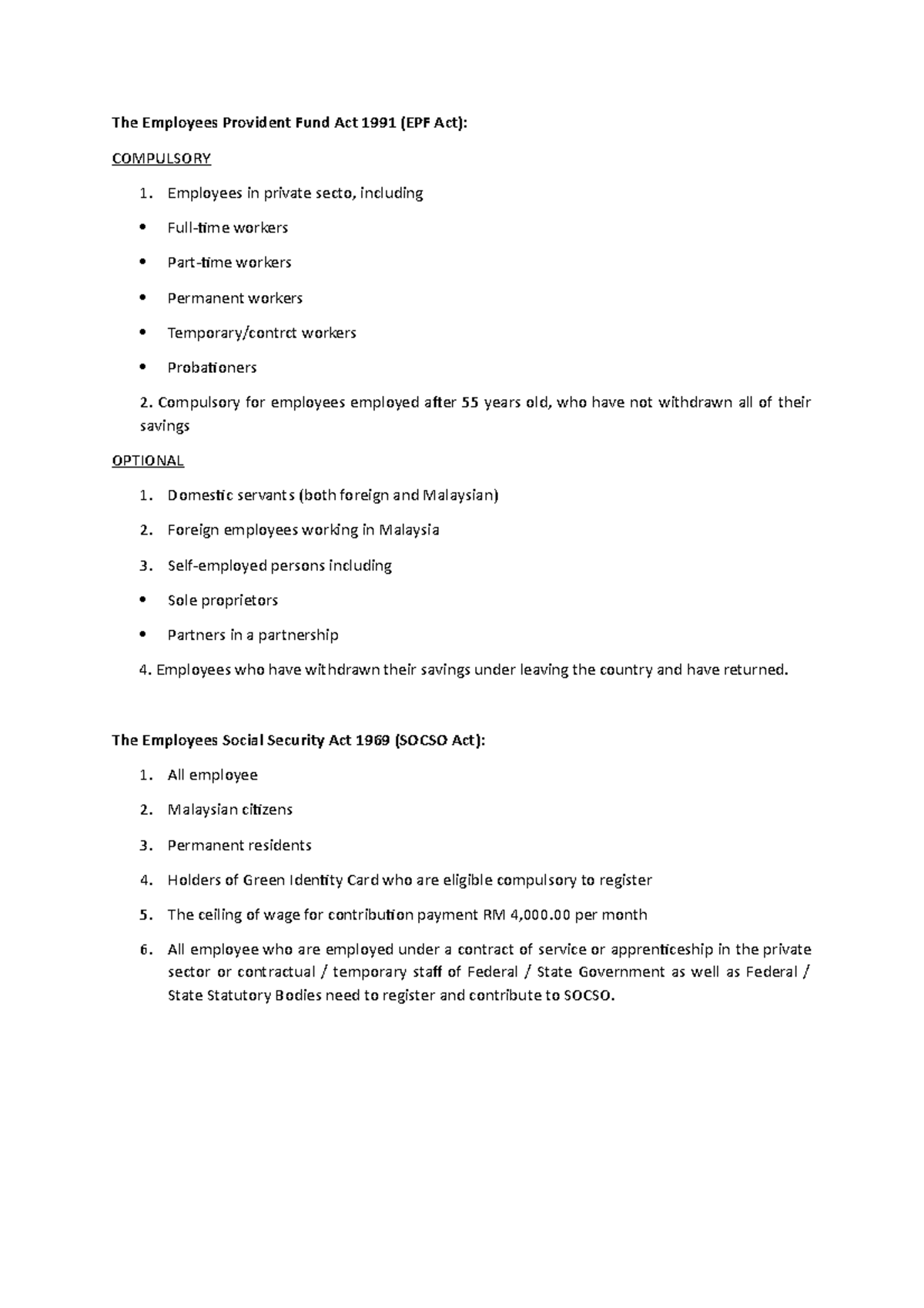 HRM -“Explain the employees within the scope of EPF Act and Socso Act ...