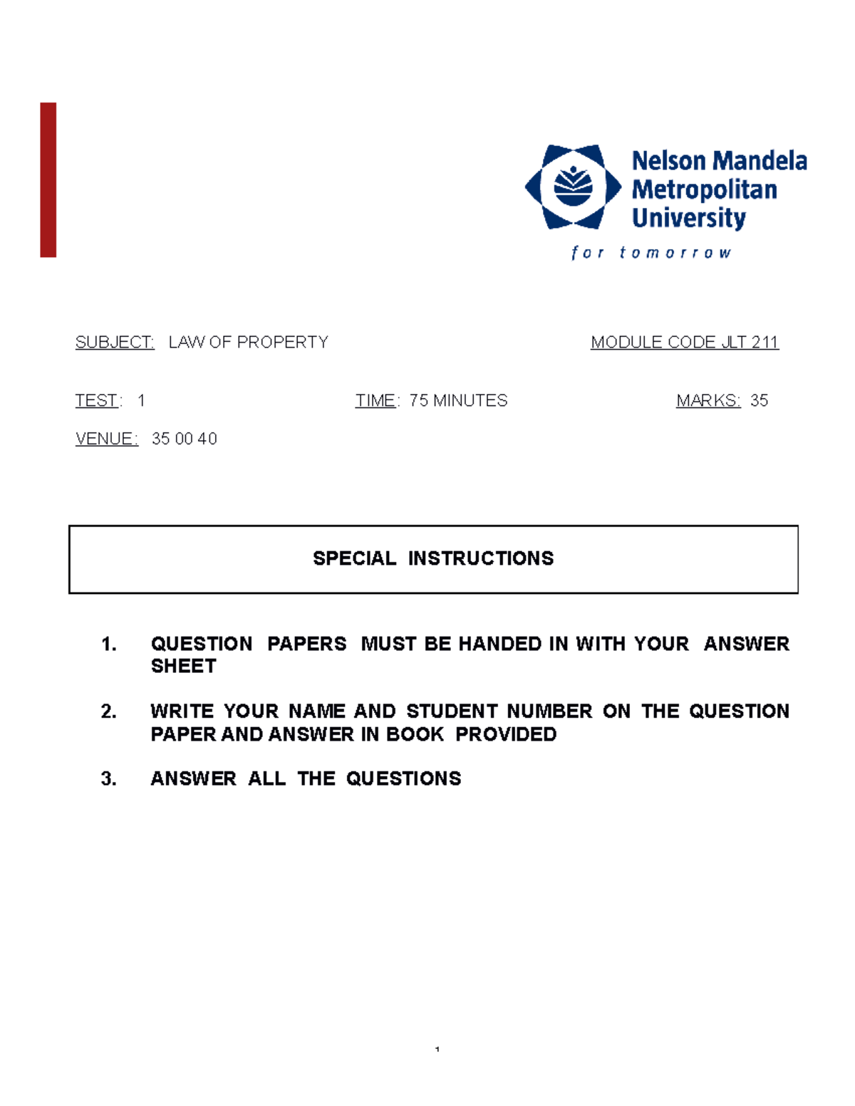 LAW OF PROP QP TEST1(WRIT) - SUBJECT: LAW OF PROPERTY MODULE CODE JLT ...