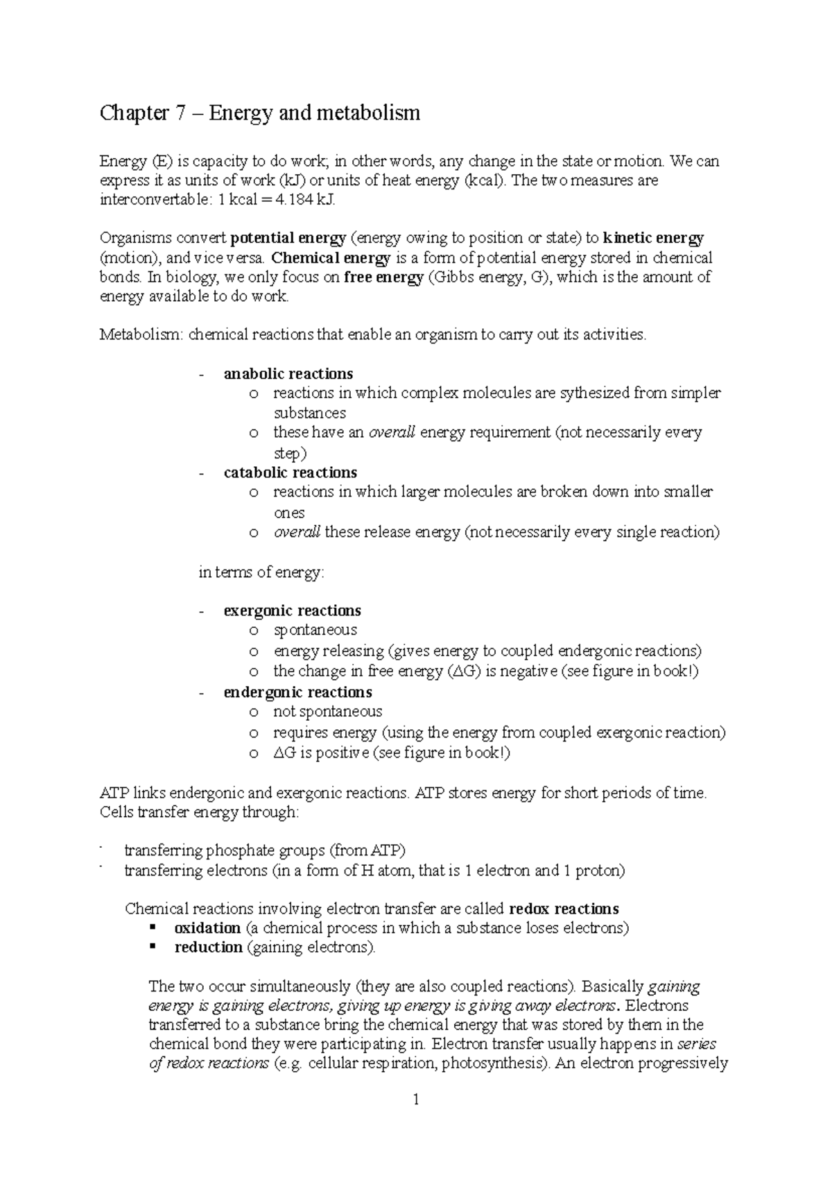 Ch 7 - Lectures and practical notes - Chapter 7 – Energy and metabolism ...