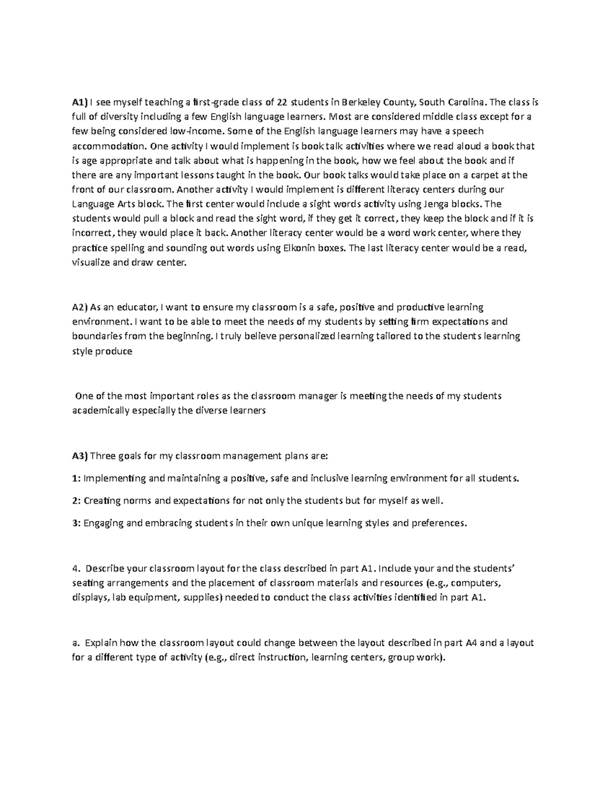 D095 Task 1 - Task 1 - A1) I see myself teaching a first-grade class of ...