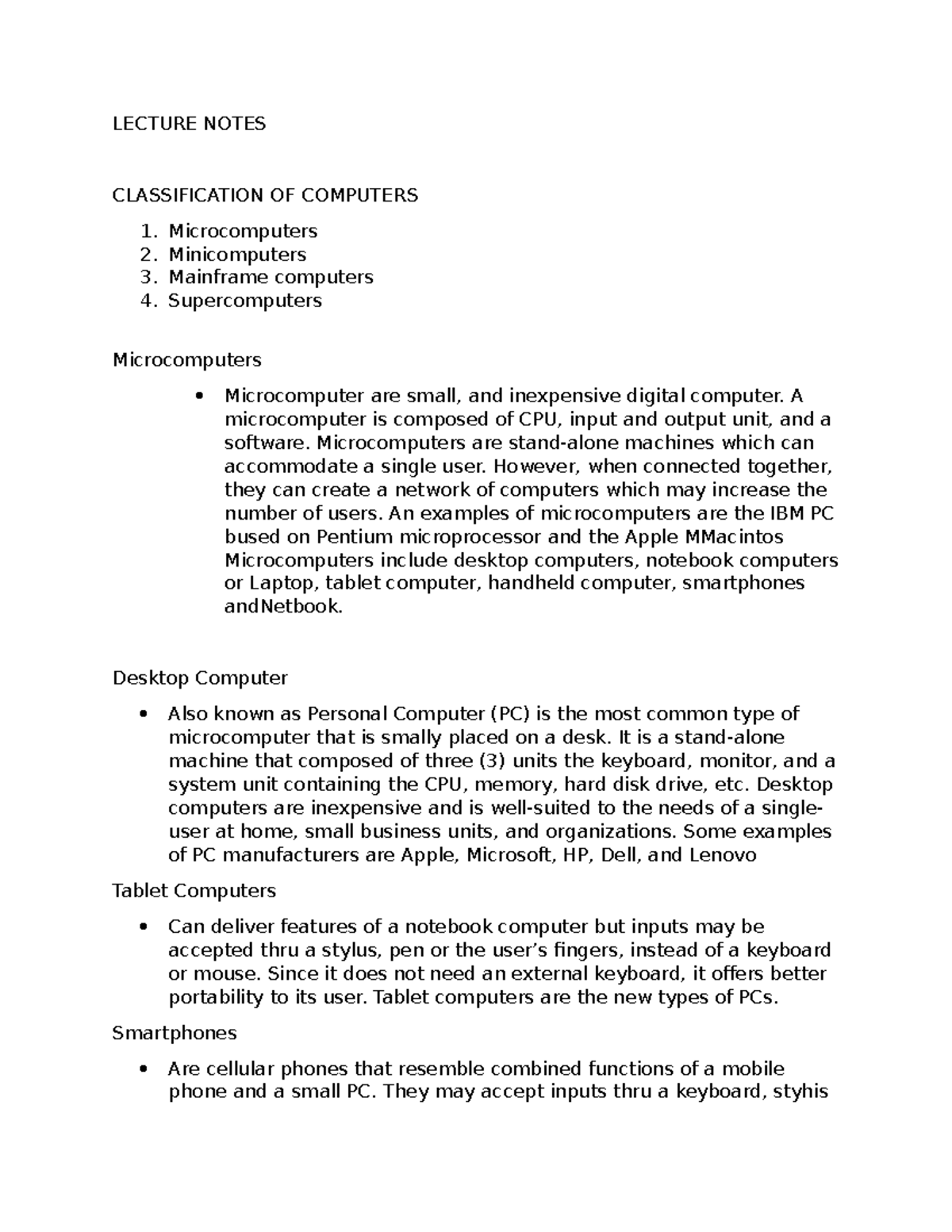 Summary 5 - notes - LECTURE NOTES CLASSIFICATION OF COMPUTERS ...