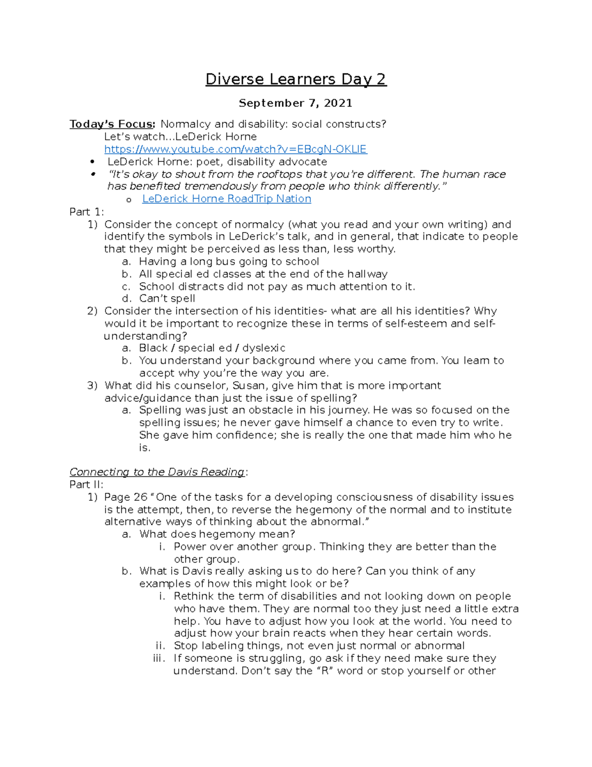 Diverse Learners Day 2 - notes - Diverse Learners Day 2 September 7 ...