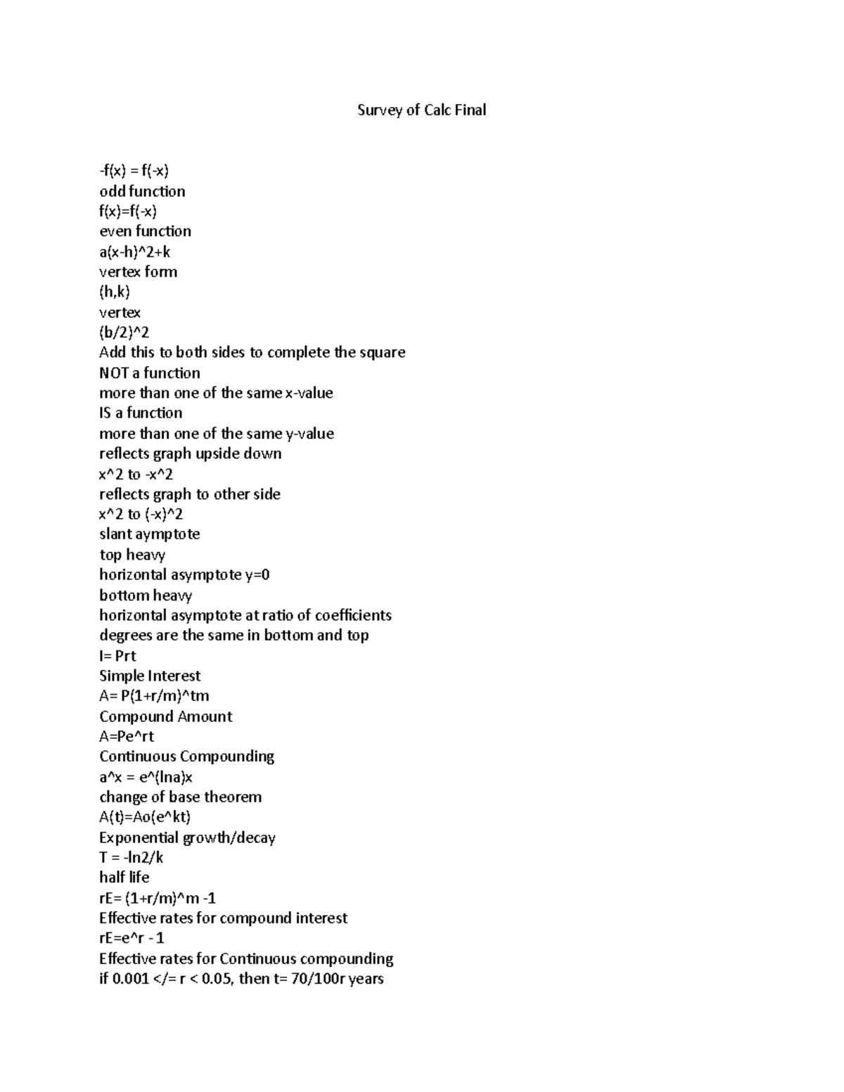 Survey of Calc Final - Survey of Calc Final -f(x) = f(-x) odd function ...