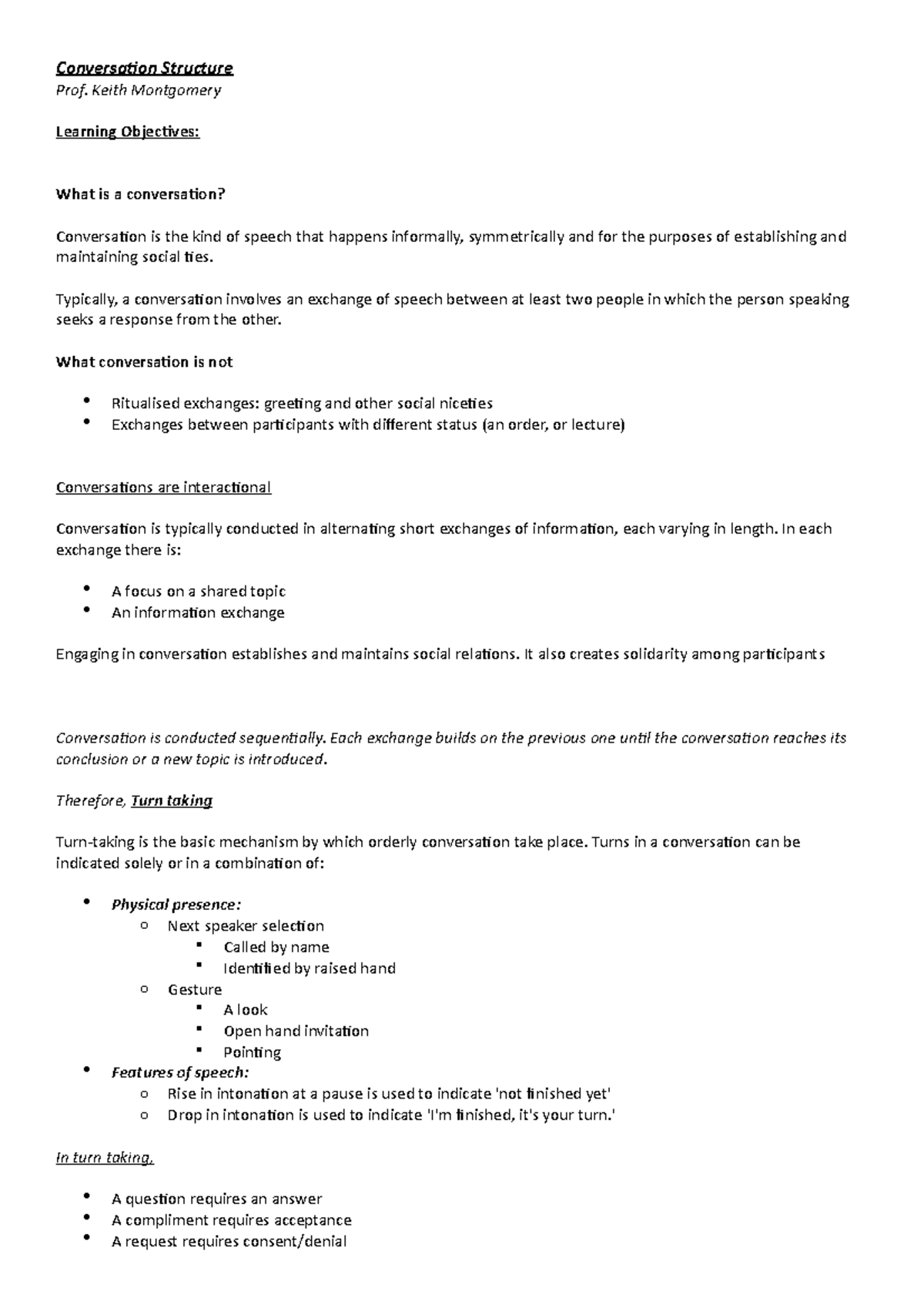 Conversation Structure - Conversation Structure Prof. Keith Montgomery ...