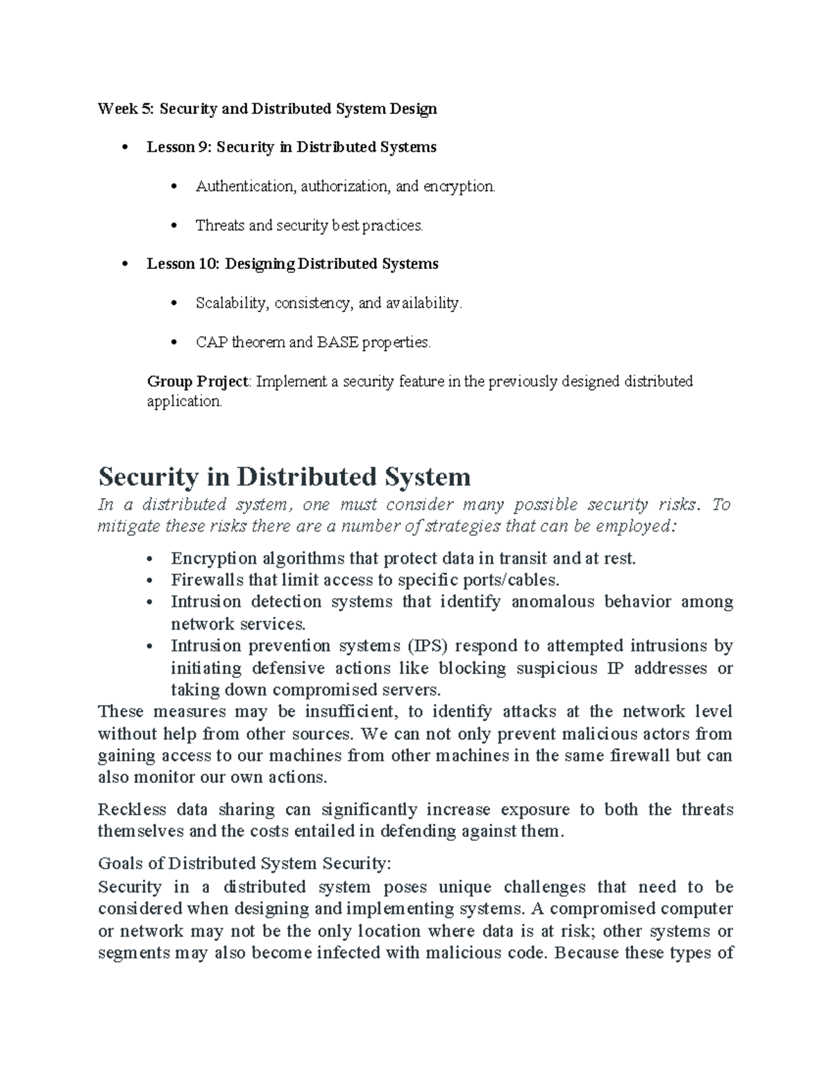 Distributed Systems Lec Five Week 5 Security And Distributed System Design Lesson 9 Security