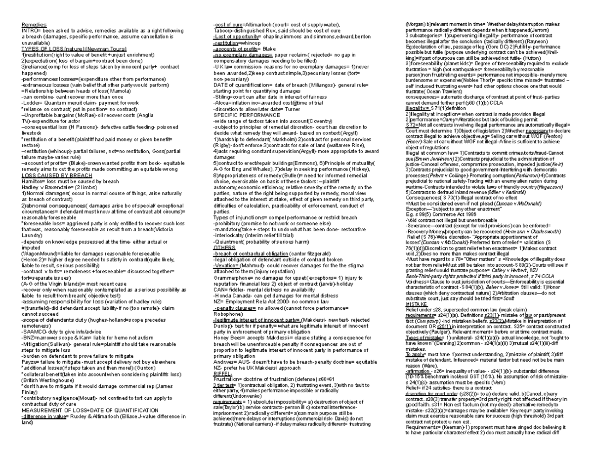 Contract cheat sheet final exam - Remedies INTRO= been asked to advise ...