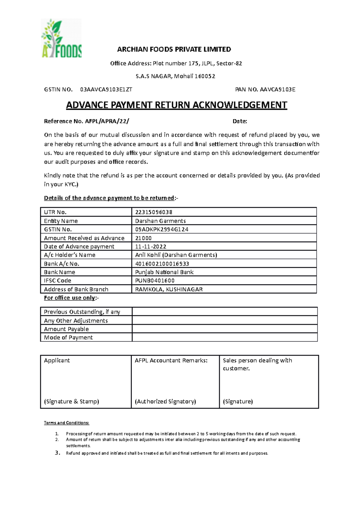 Advnce Final - him - ARCHIAN FOODS PRIVATE LIMITED Office Address: Plot ...