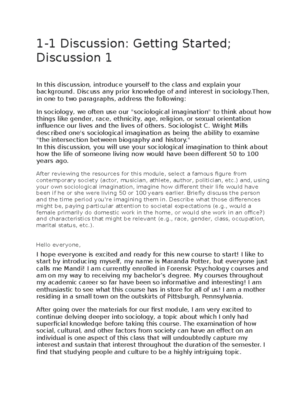 Module one sociology copy copy - 1-1 Discussion: Getting Started ...