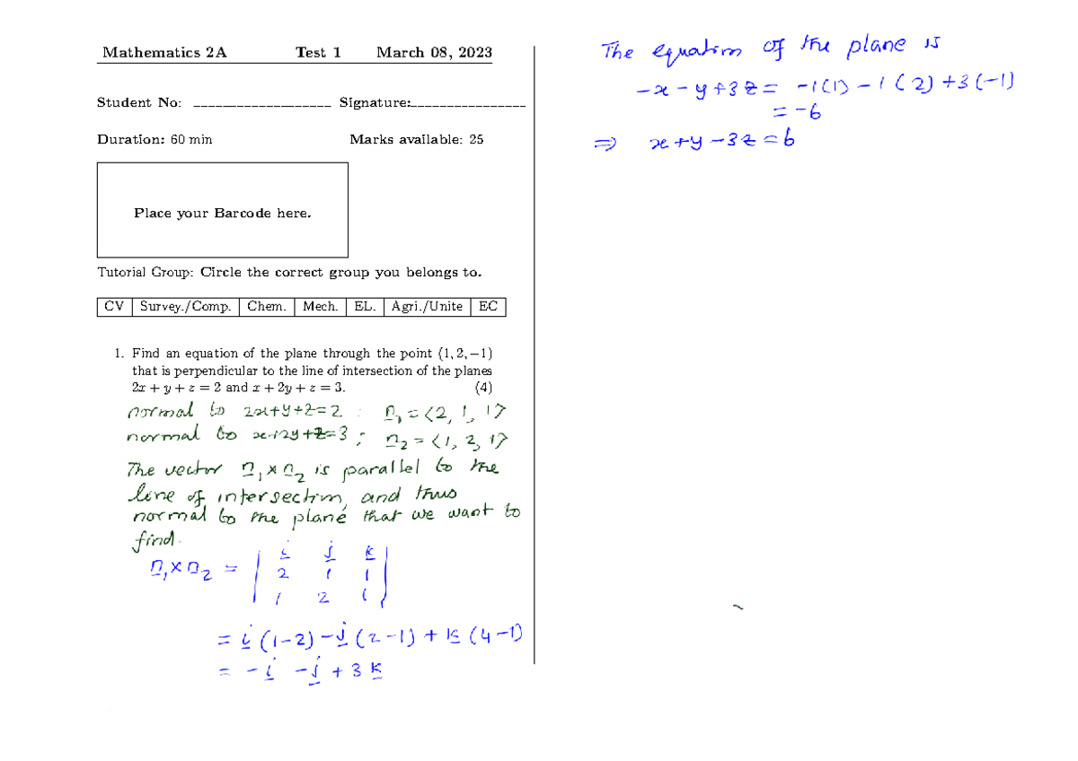 Test 238 math2023 - Mathematics 2A Test 1 March 08, 2023 Student No ...