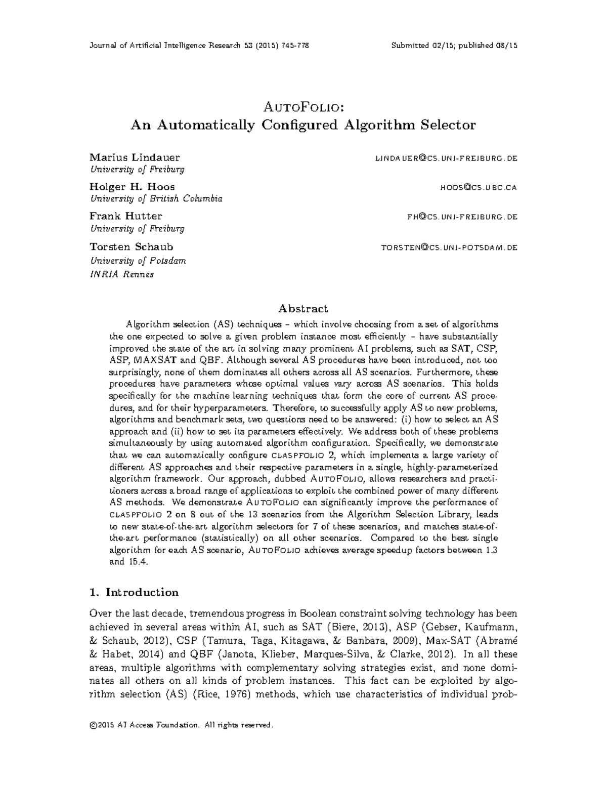 An Automatically Configured Algorithm Selector Journal Of Artificial Intelligence Research 53