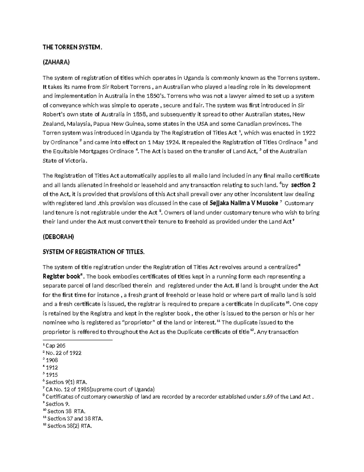 Land law 2 cw mpata - Torren system - THE TORREN SYSTEM. (ZAHARA) The ...