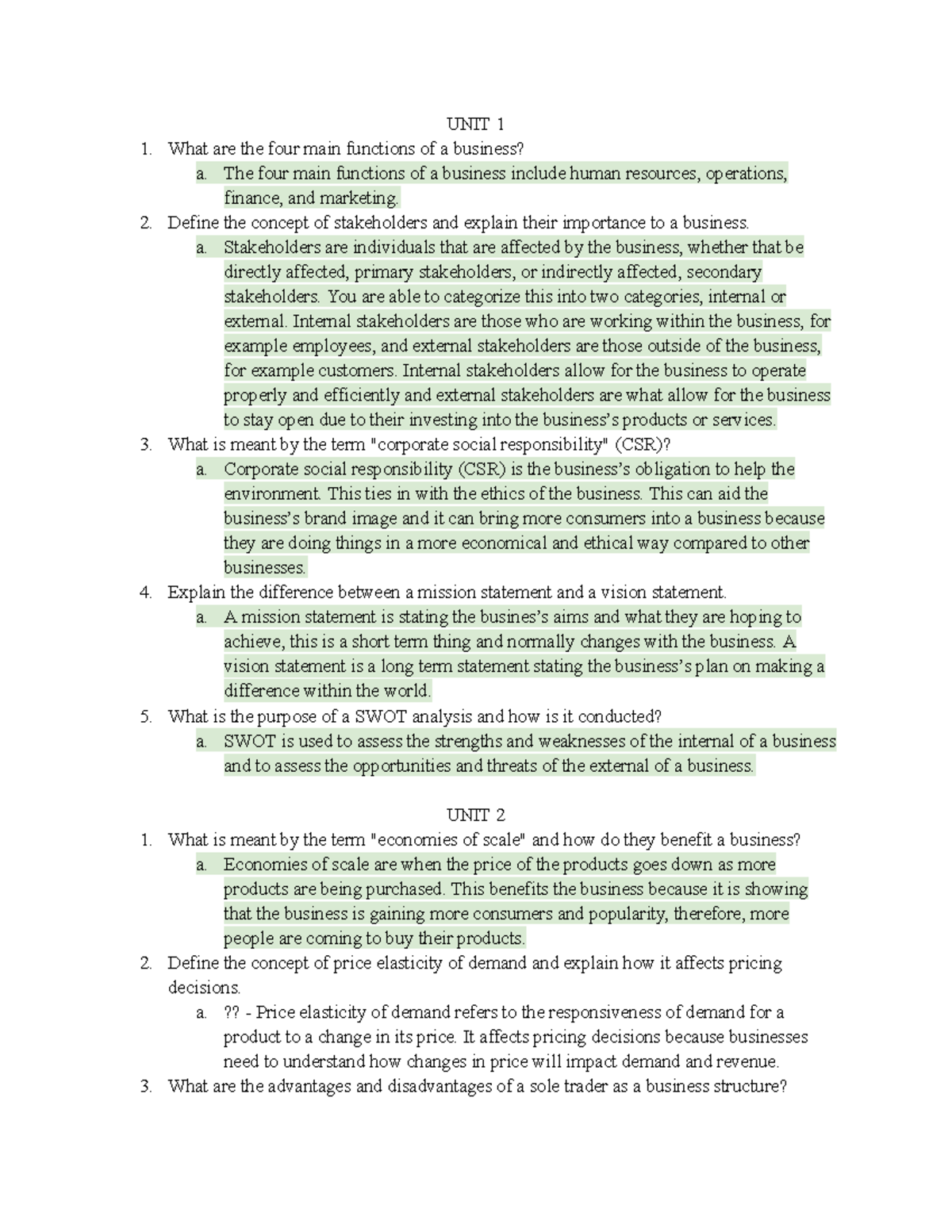 IB Business Management Review - UNIT 1 What are the four main functions of a business? a. The ...