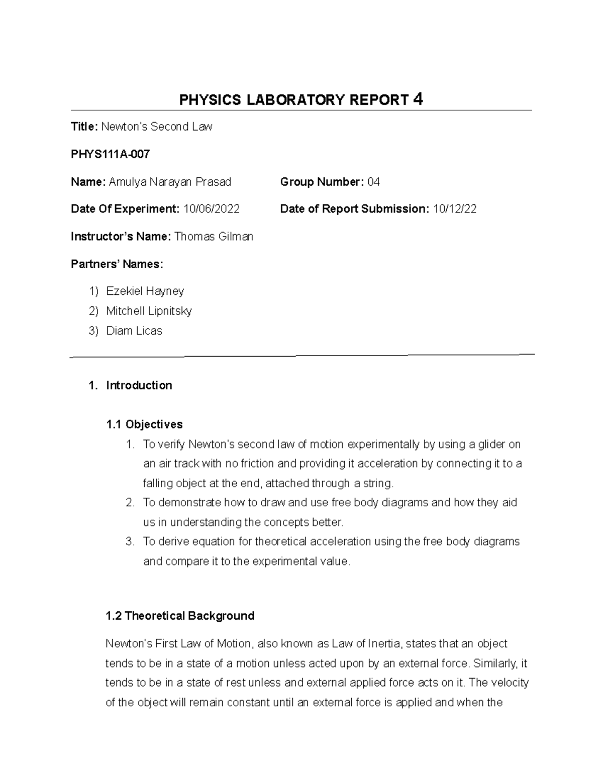 Physics laboratory report 112 - PHYSICS LABORATORY REPORT 4 Title ...