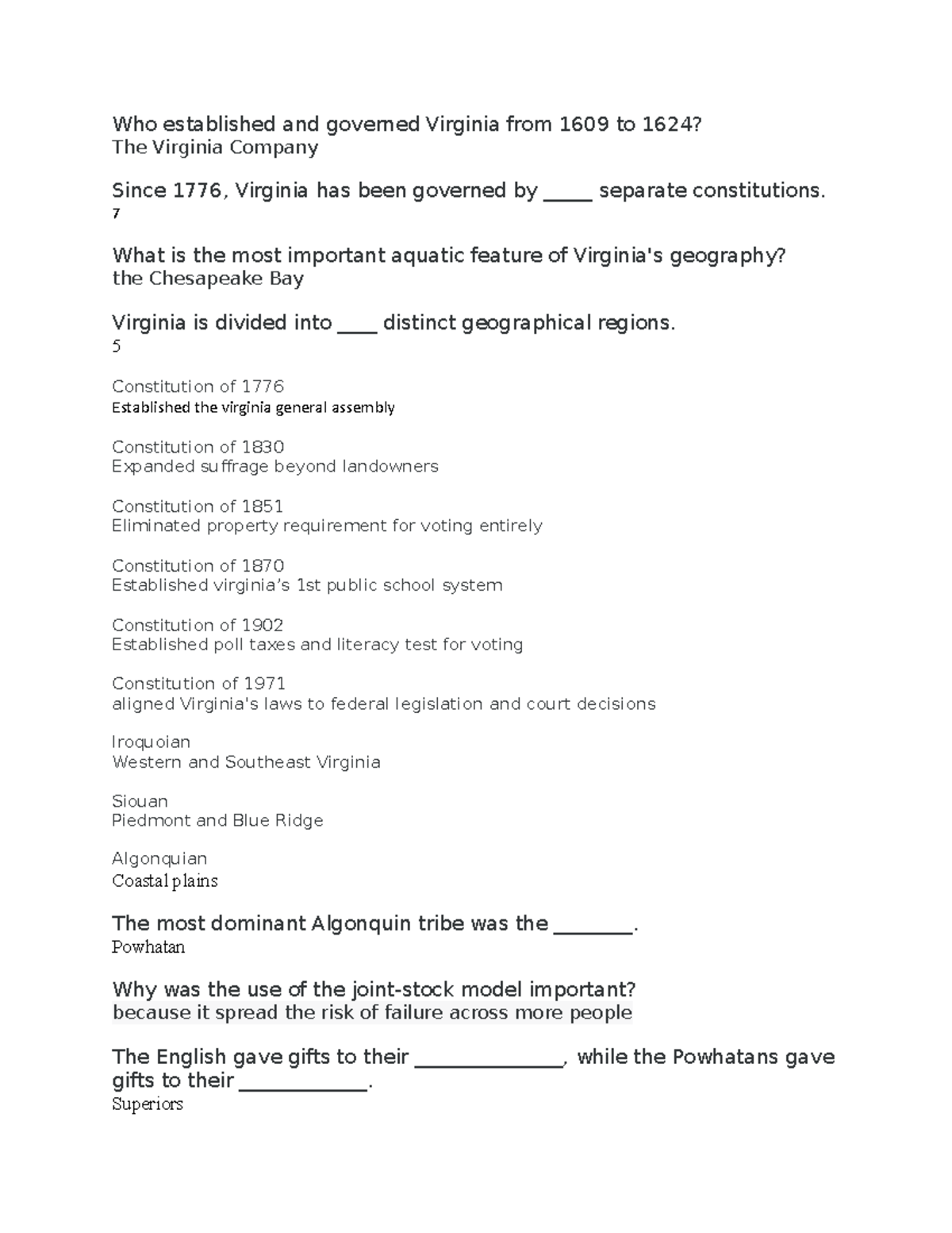 9 Week exam review copy - Notes - Who established and governed Virginia ...