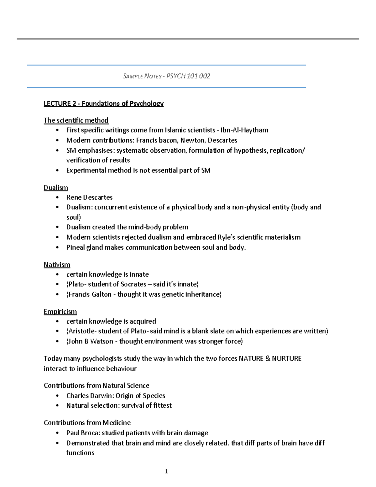 Psychology 101 Sample Notes - SAMPLE NOTES - PSYCH 101 002 LECTURE 2 ...