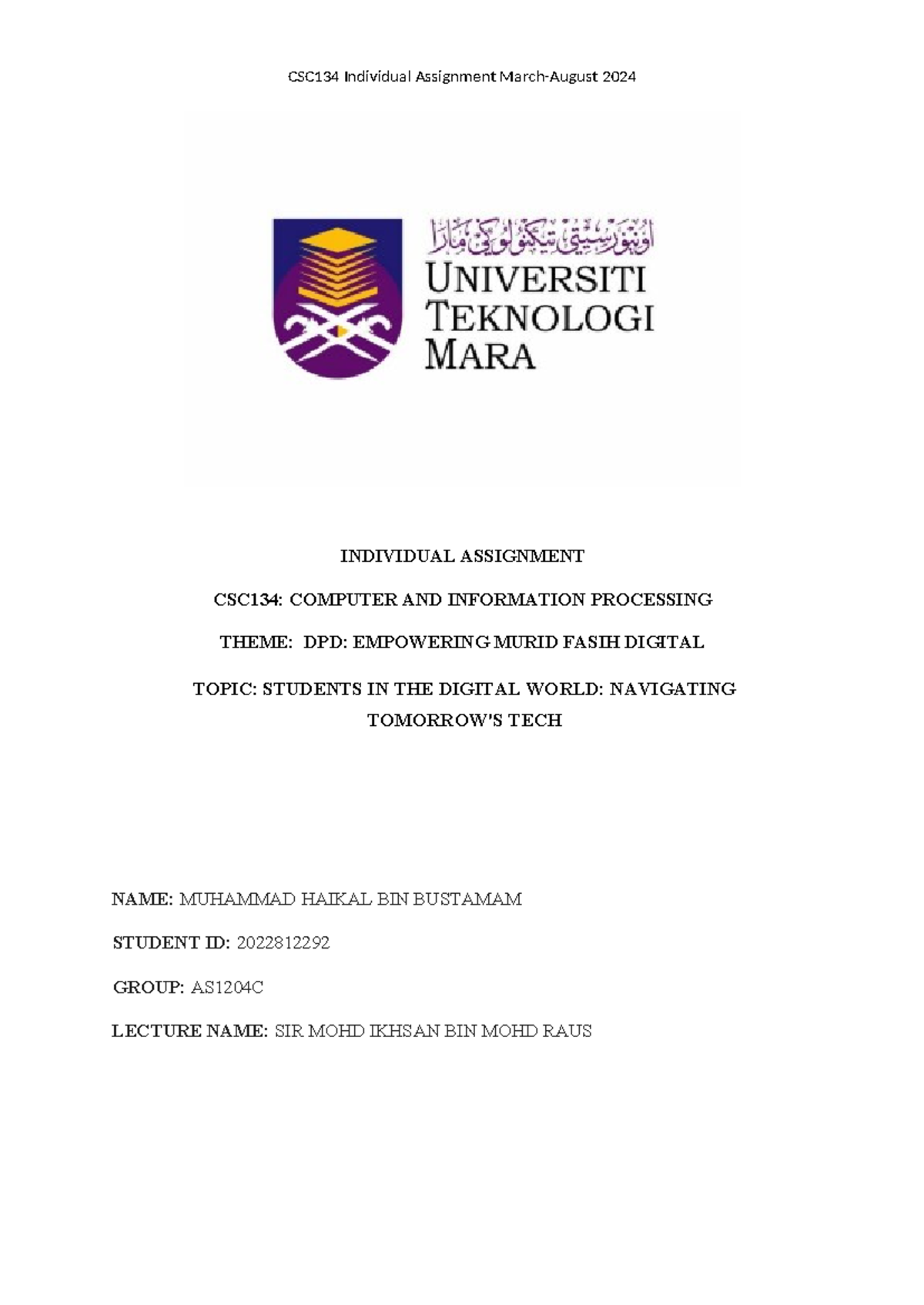 [ Example] CSC134 AM1101H Nurul Adriana 2023888264 Proposal - CSC134 ...