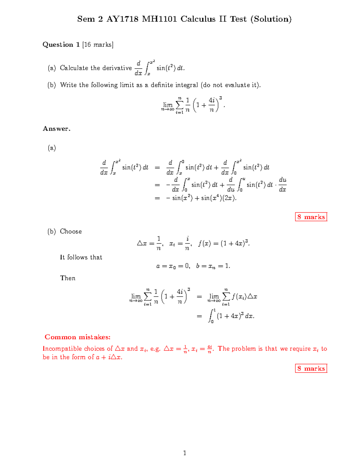 17:18 calc mid term answer - Sem 2 AY1718 MH1101 Calculus II Test ...