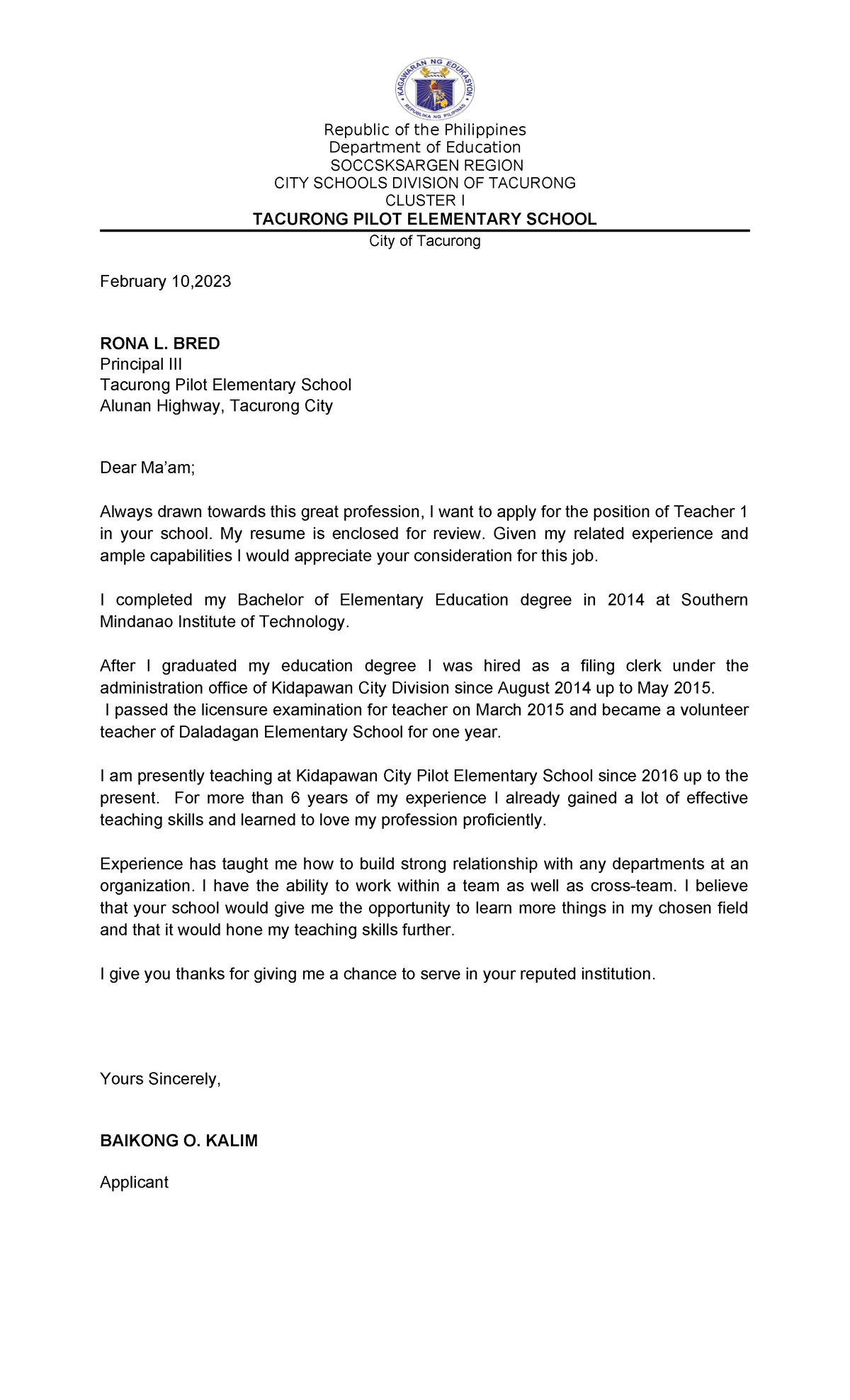 Intent letter to pilot - Good girl - Republic of the Philippines ...