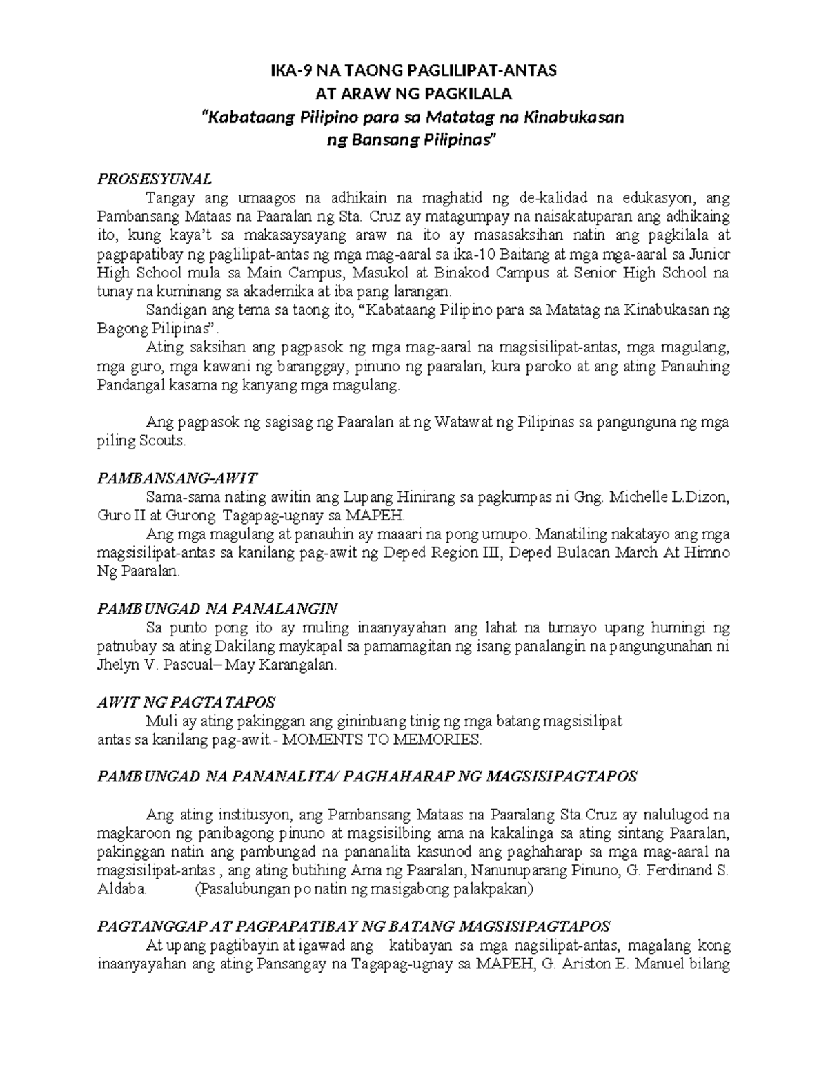 Moving-UP-and- Recognition Script - IKA-9 NA TAONG PAGLILIPAT-ANTAS AT ARAW NG PAGKILALA ...