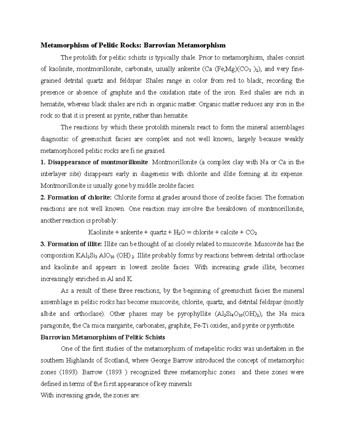 Metamorphism of Pelitic Rocks - Prior to metamorphism, shales consist ...